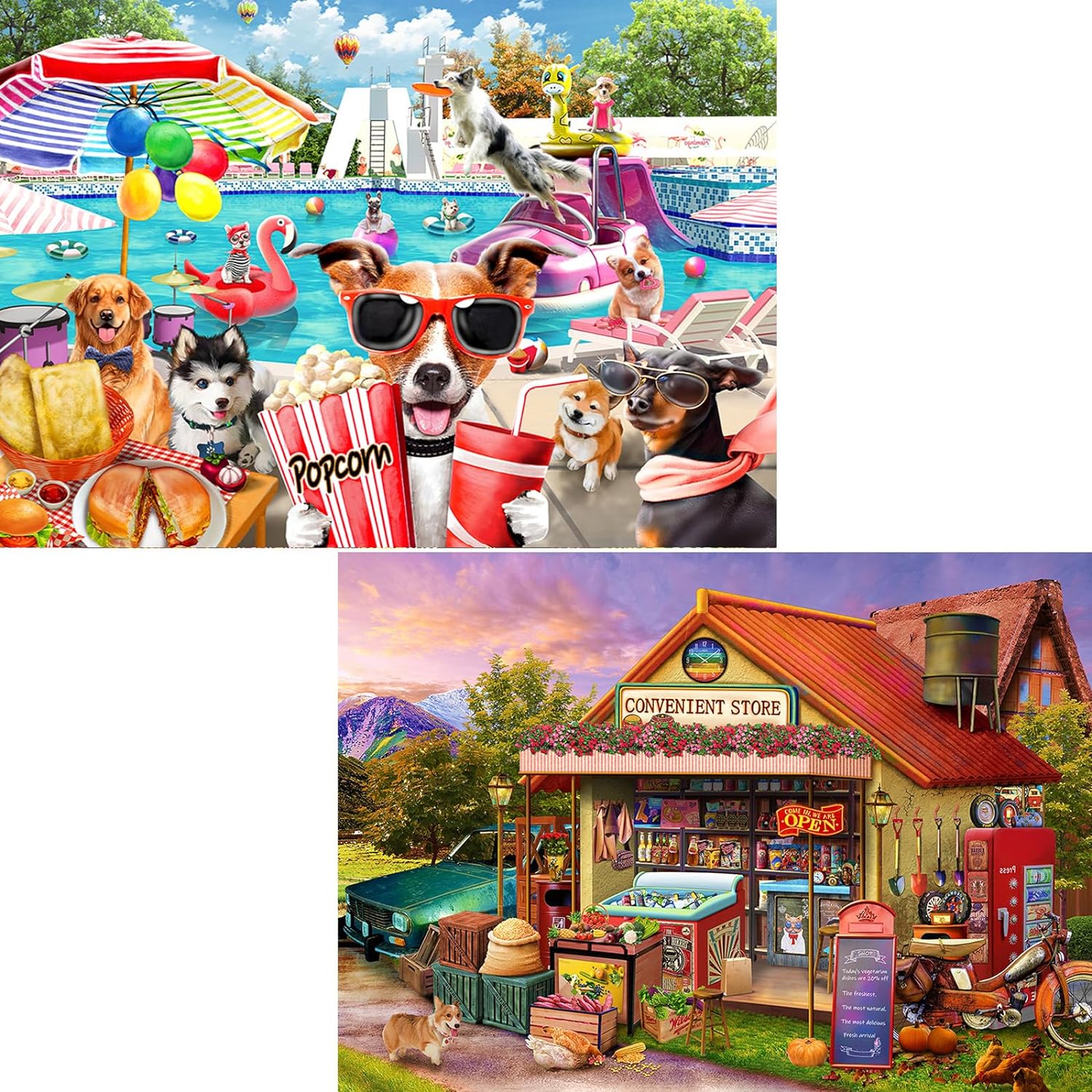 HUADADA Puzzles for Adults 1000 Pieces Jigsaw, Country Store and Dogs ...