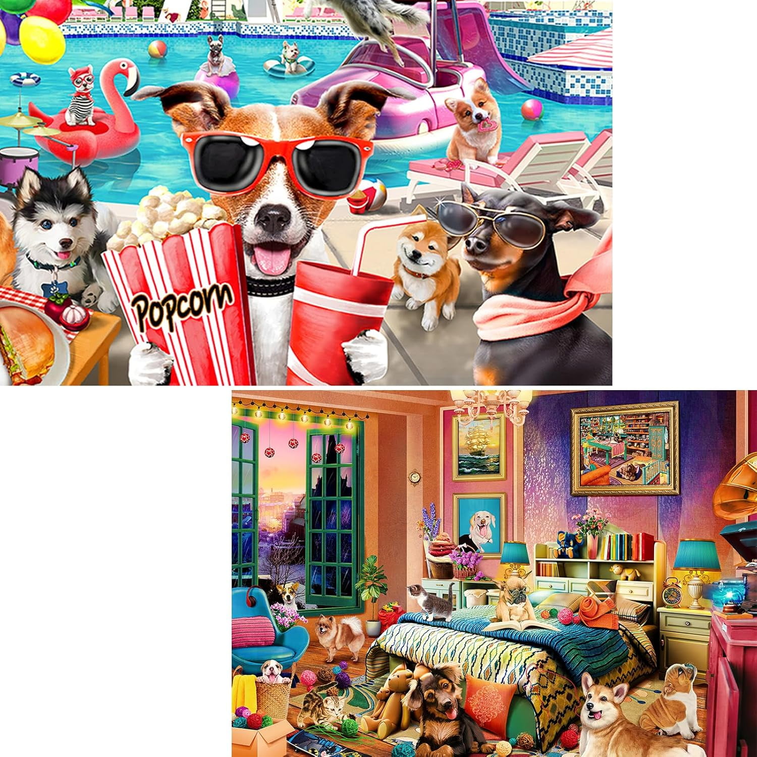 HUADADA Puzzles for Adults 1000 Pieces Jigsaw, Pets Room and Dogs Pool ...