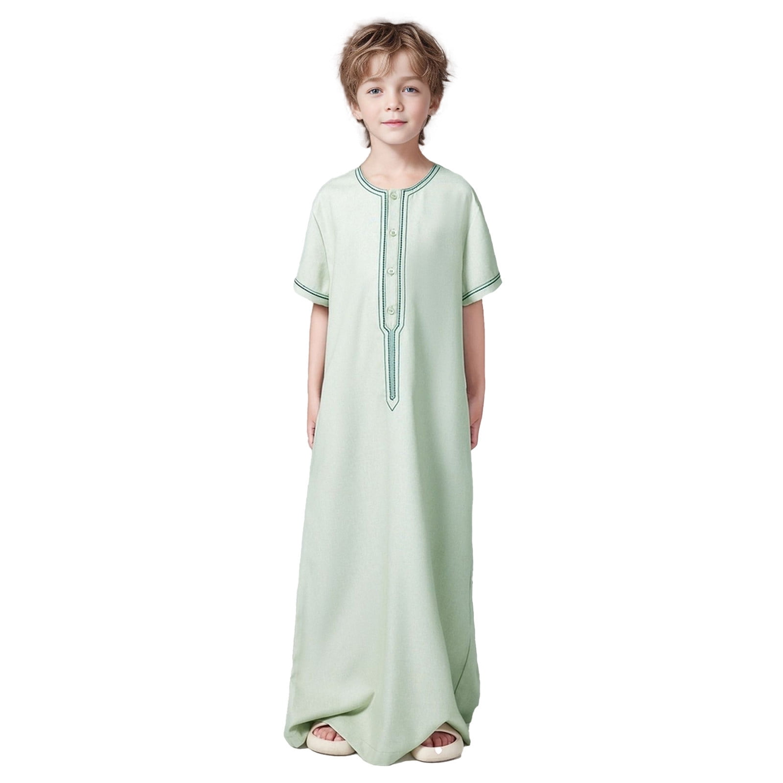 HUANBAI Arabic Thobe Muslim Thobe Short Sleeve Embroidery Kaftan Crew ...