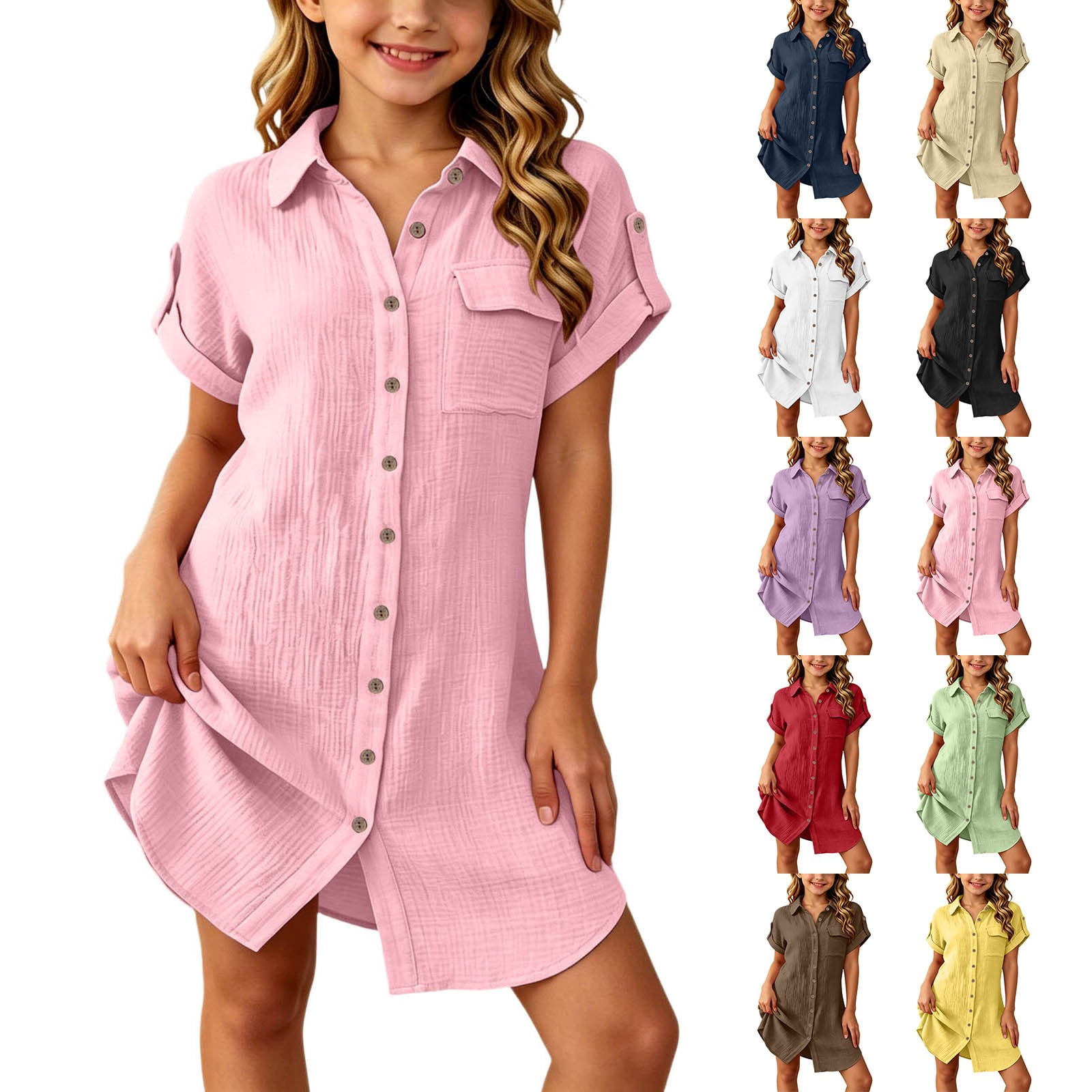 HUANBAI Casual Short Sleeve Girls Dress For Summer Easy Loose Fit Shirt ...