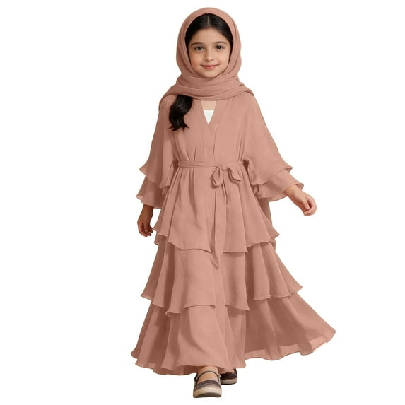 HUANBAI Elegant Three Layer Chiffon Dress With Waistband And Headscarf ...