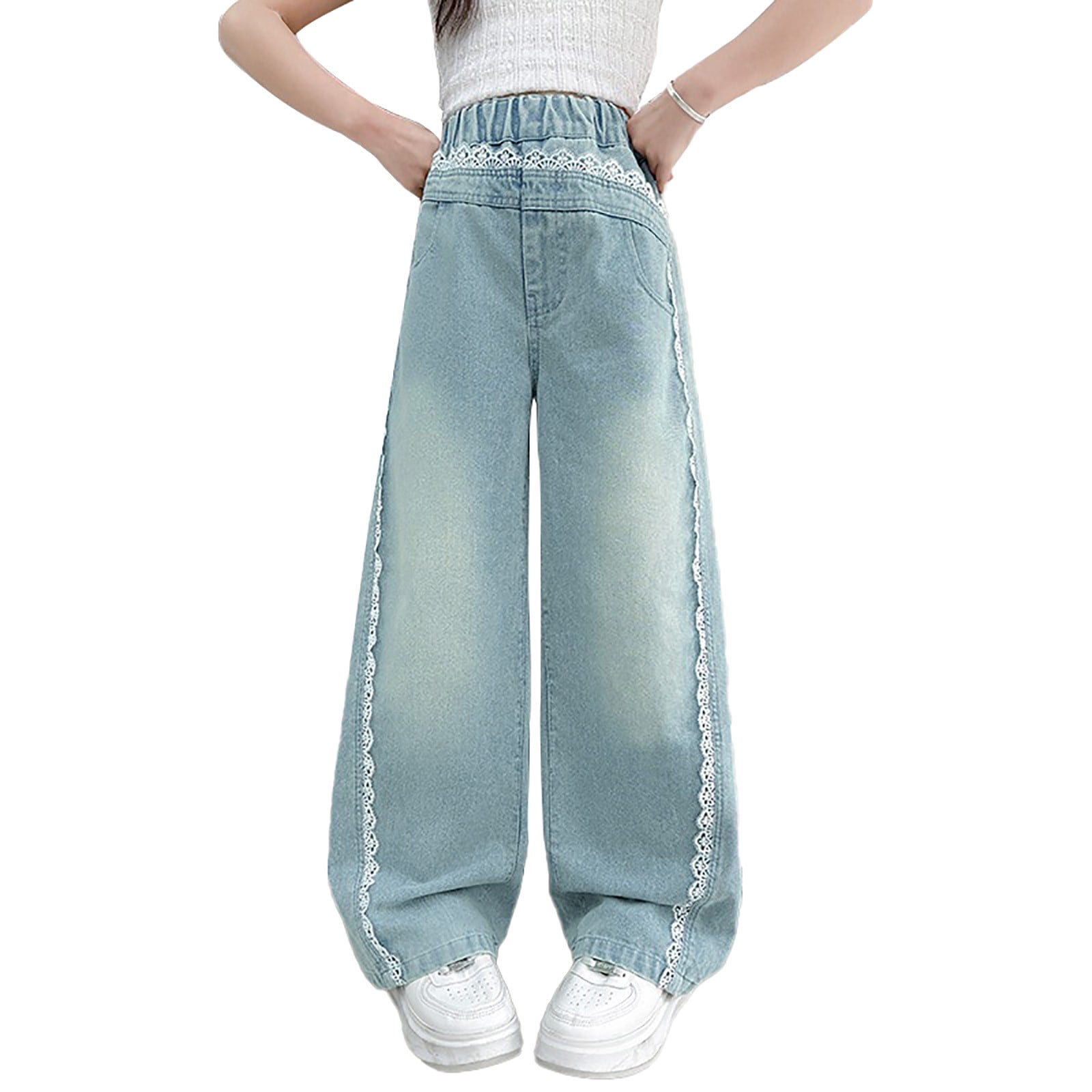 HUANBAI Kids Girls Jeans Distressed Elastic Waist Baggy Denim Wide Leg ...
