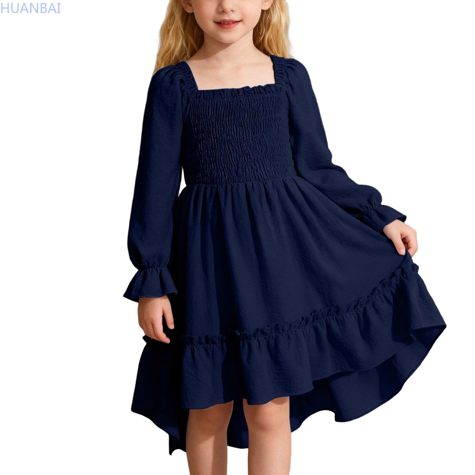 HUANBAI Summer Girls Dress With Square Neck Flutter Sleeves And Flared ...