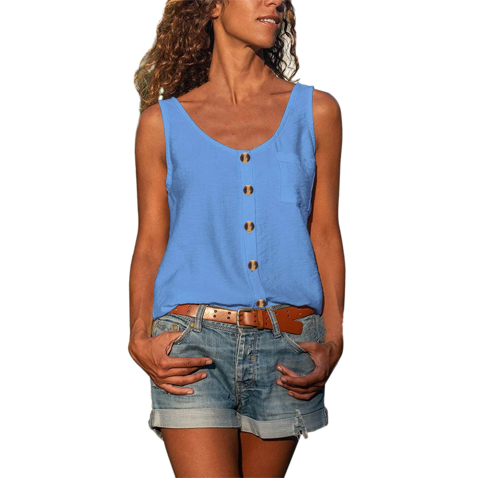 HUANBAI Women Button Down Tank Tops Scoop Neck Sleeveless T Shirts ...