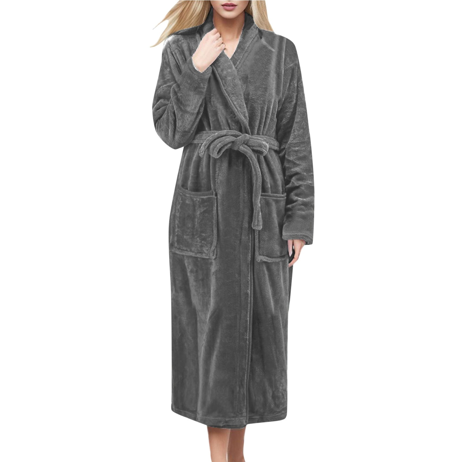 HUANBAI Women Solid Color Coral Bathrobe Winter Long Sleeve Pocket Belt ...