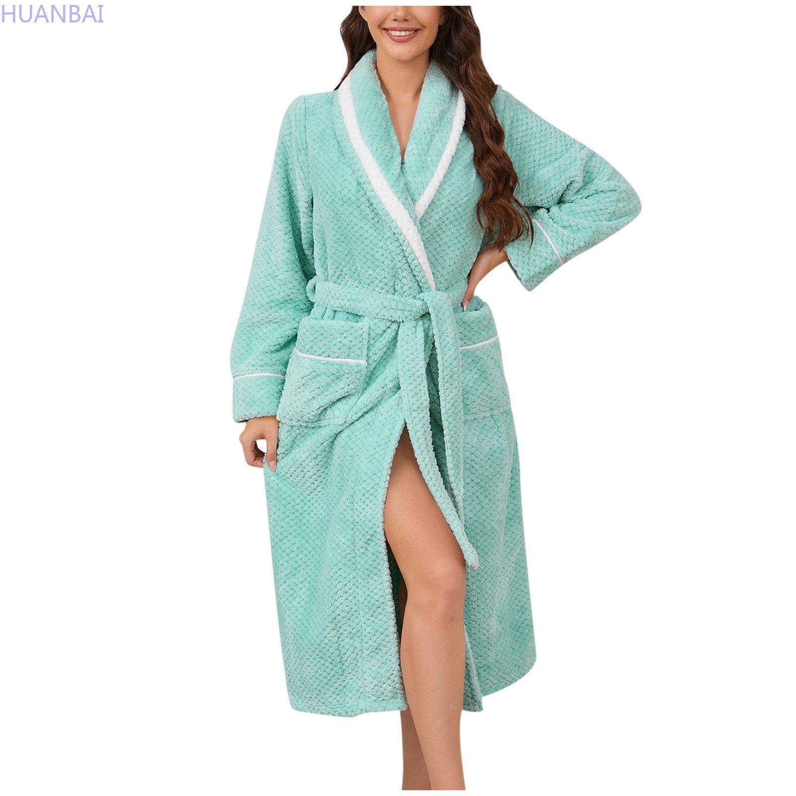 HUANBAI Women's Coral Velvet Mid Length Nightgown Color Contrast Home ...