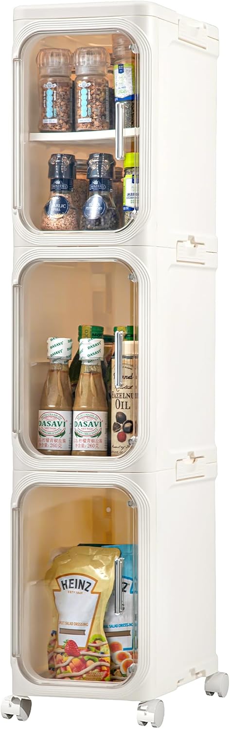 HUANG 3-Tier Narrow Slim Storage Cabinet with Movable Wheels, Tall ...