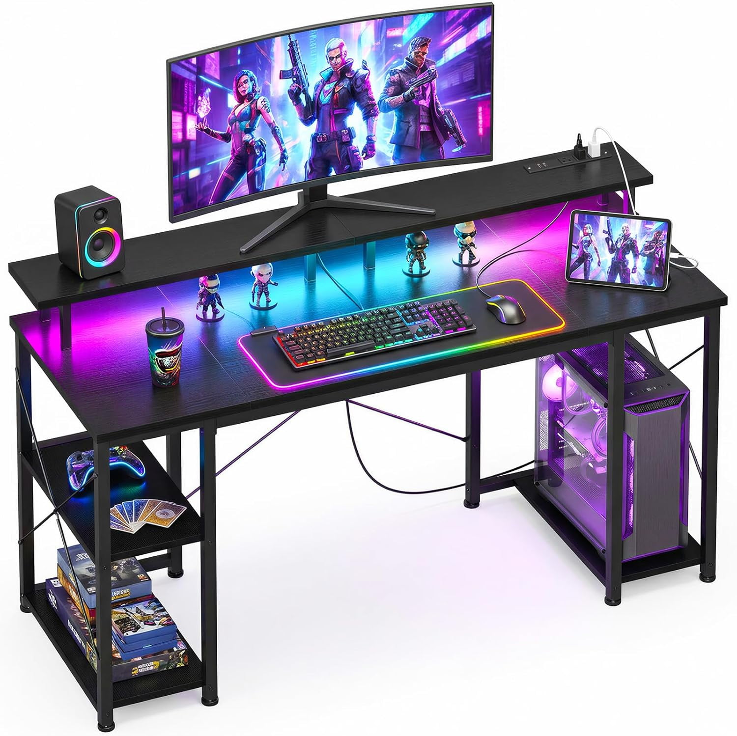 HUANG 48 Inch Gaming Desk with LED Lights & Power Outlets, Monitor ...