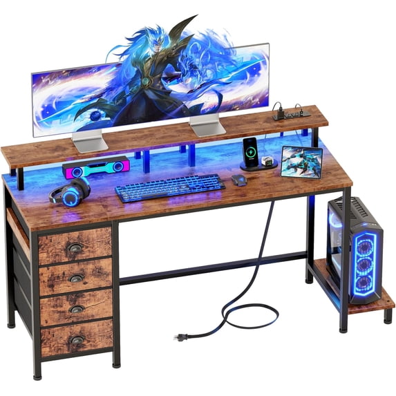HUANG 55 Inch Gaming Computer Desk with 4 Fabric Drawers, Power Outlets ...