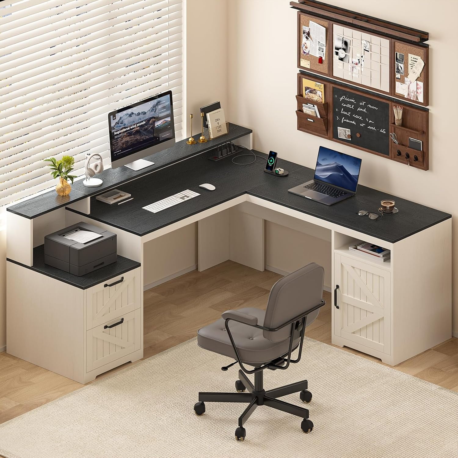 HUANG 63" Farmhouse L-Shaped Executive Desk with Drawers, Power Outlets ...