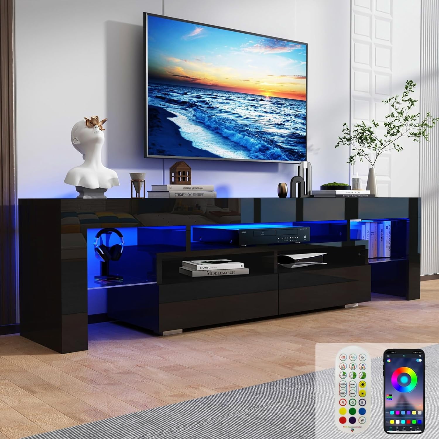 HUANG 63 Inch LED TV Stand, Black High Gloss Entertainment Center with ...