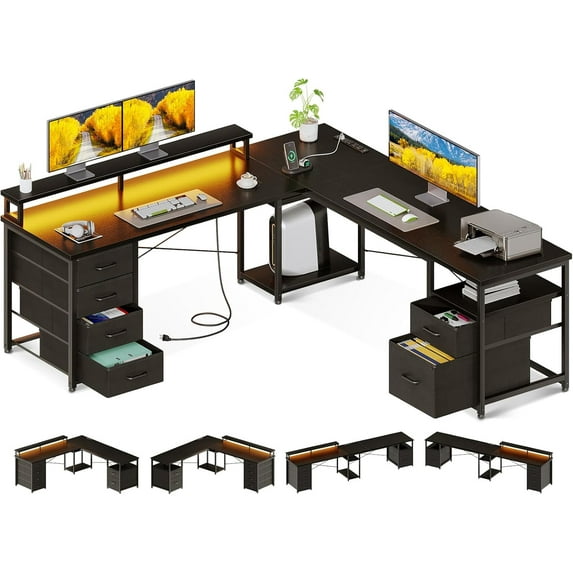 HUANG 66" L-Shaped Computer Desk, Reversible with File Cabinet & 4 ...