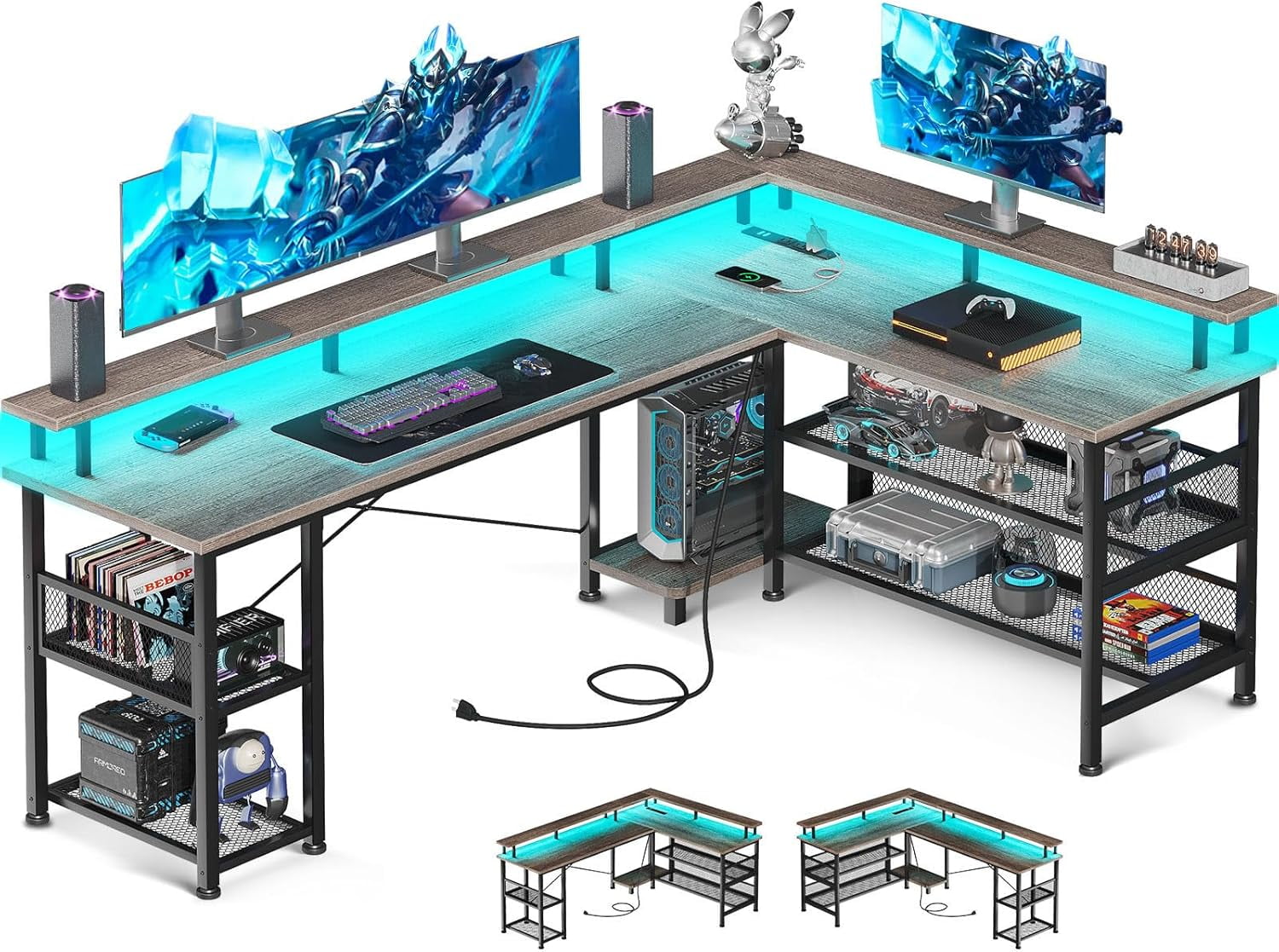 HUANG 66" L-Shaped Gaming Desk with Power Outlet, LED Lights & USB ...