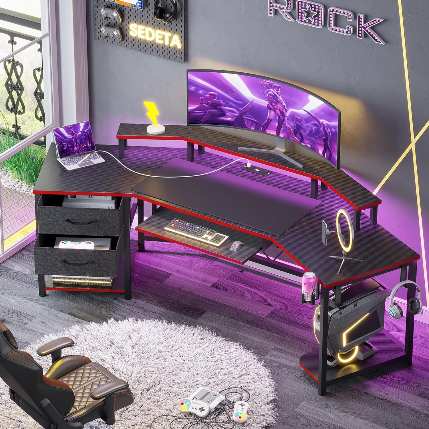 HUANG 79" Gaming Desk with 2 Fabric Drawers & LED Light, Carbon Fiber ...