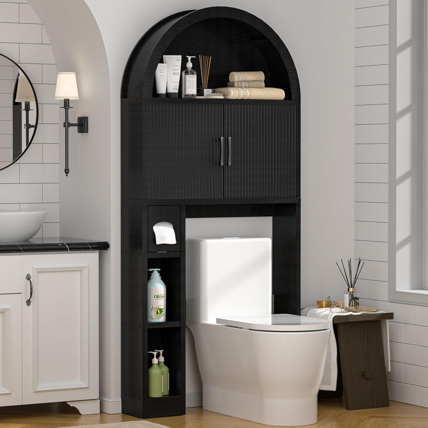HUANG Arched Over The Toilet Storage Cabinet with Paper Holder & Anti ...