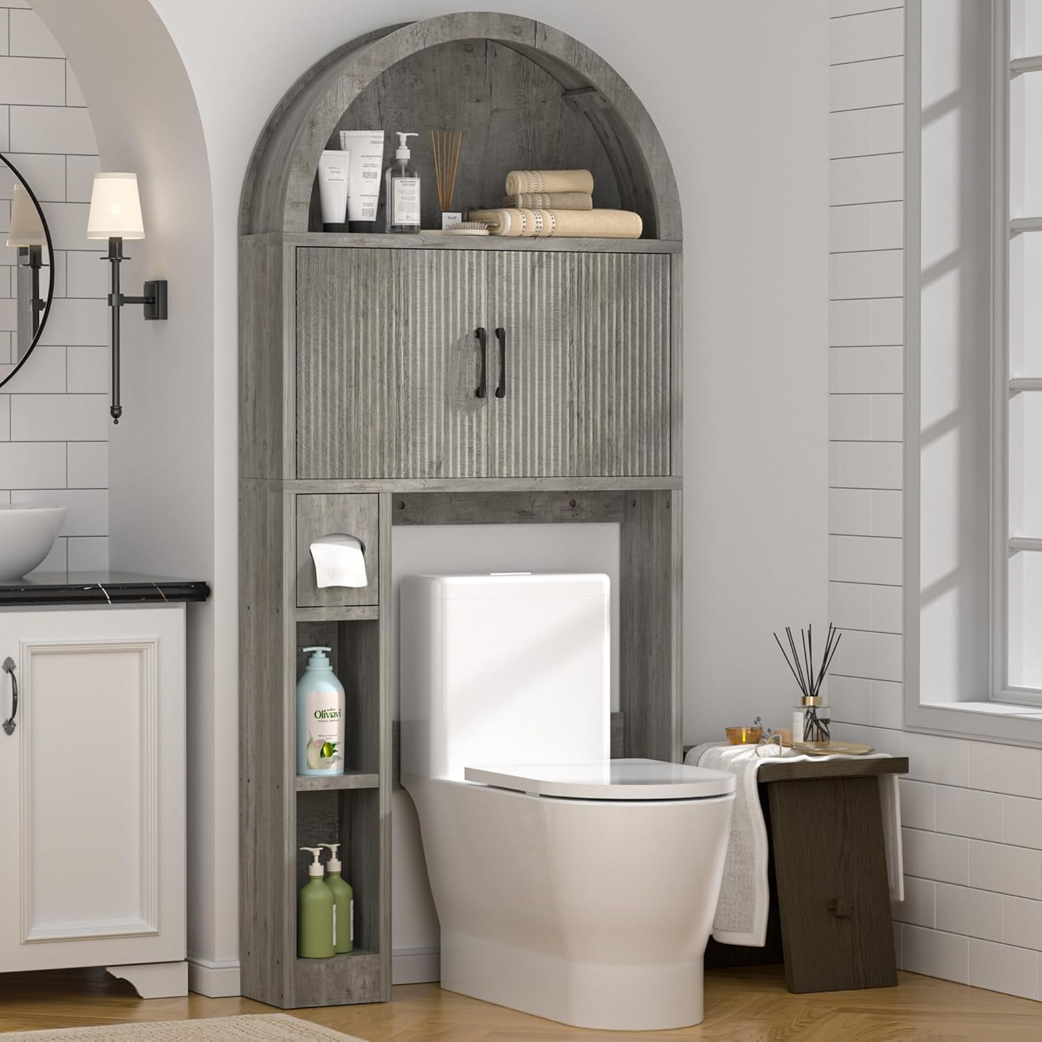 HUANG Arched Over The Toilet Storage Cabinet with Paper Holder & Anti ...