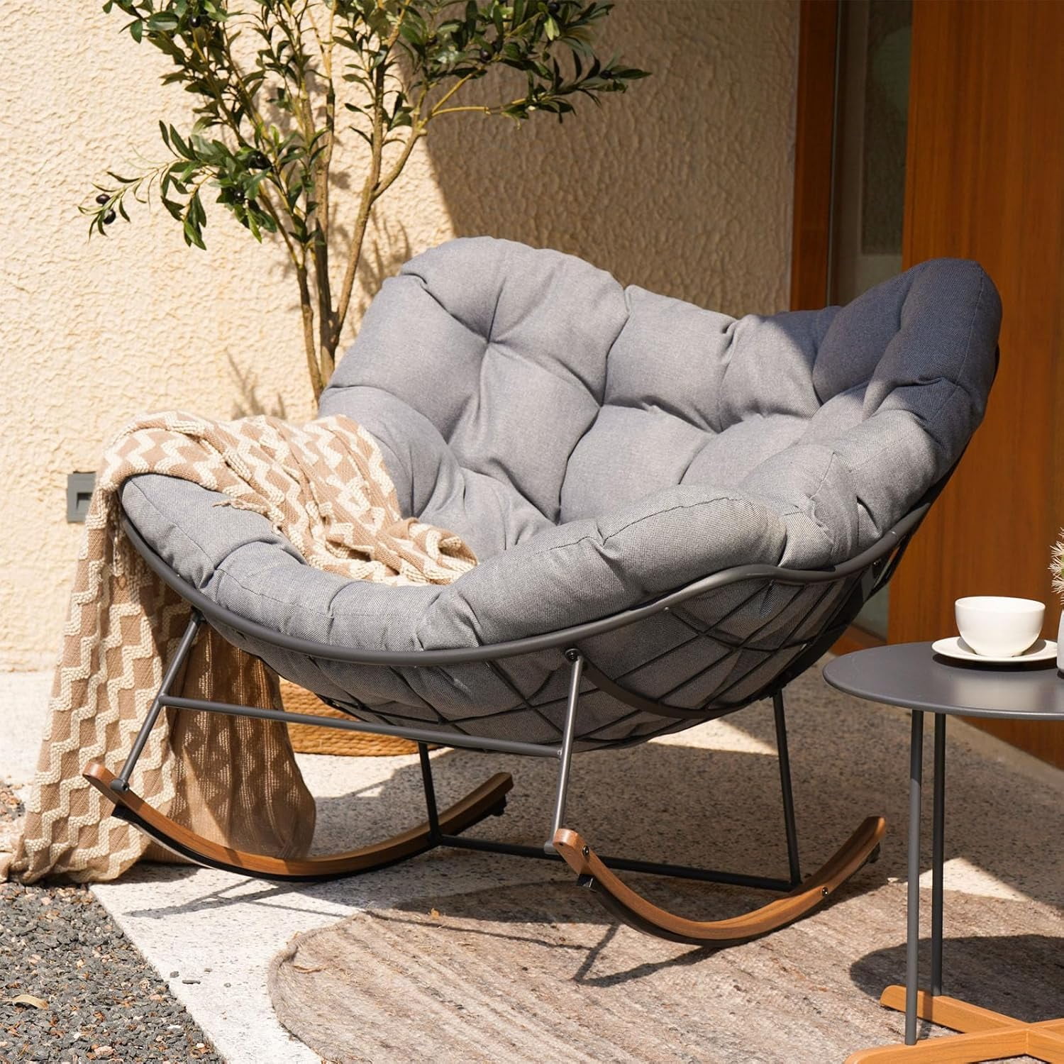 HUANG E-Coated Modern Outdoor Rocking Chair with Cushion, Cozy Lounge ...