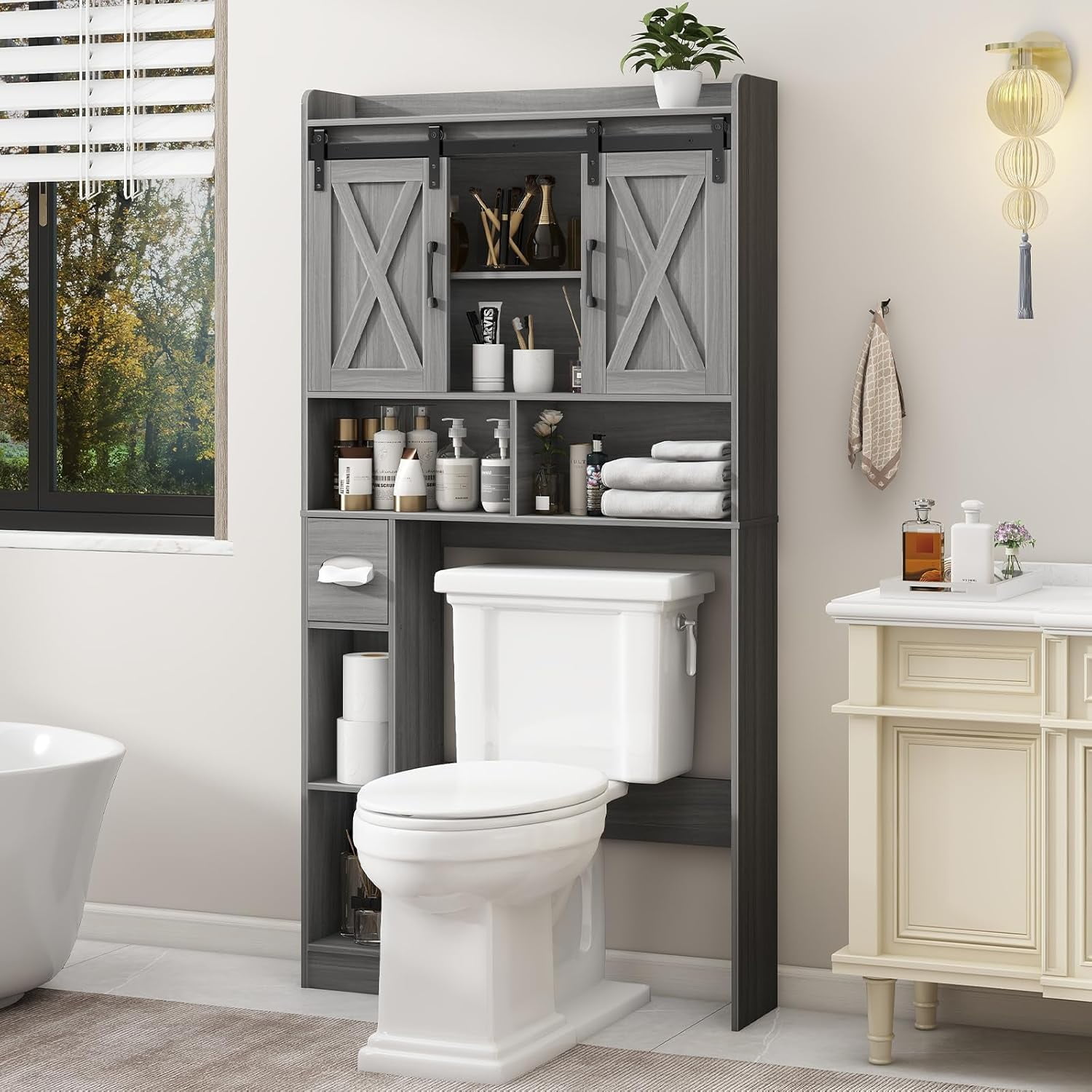 HUANG Farmhouse Over The Toilet Storage Cabinet with Sliding Door ...