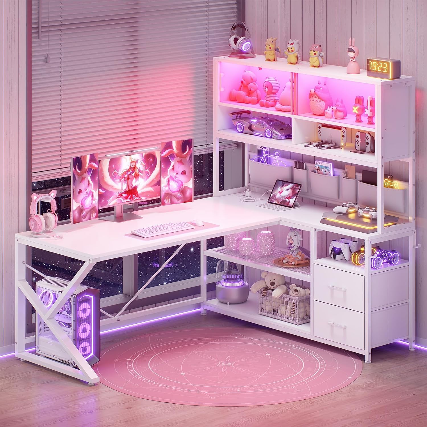 HUANG L-Shaped Gaming Desk with 2 Drawers, Bookshelf, Glass Cabinet ...