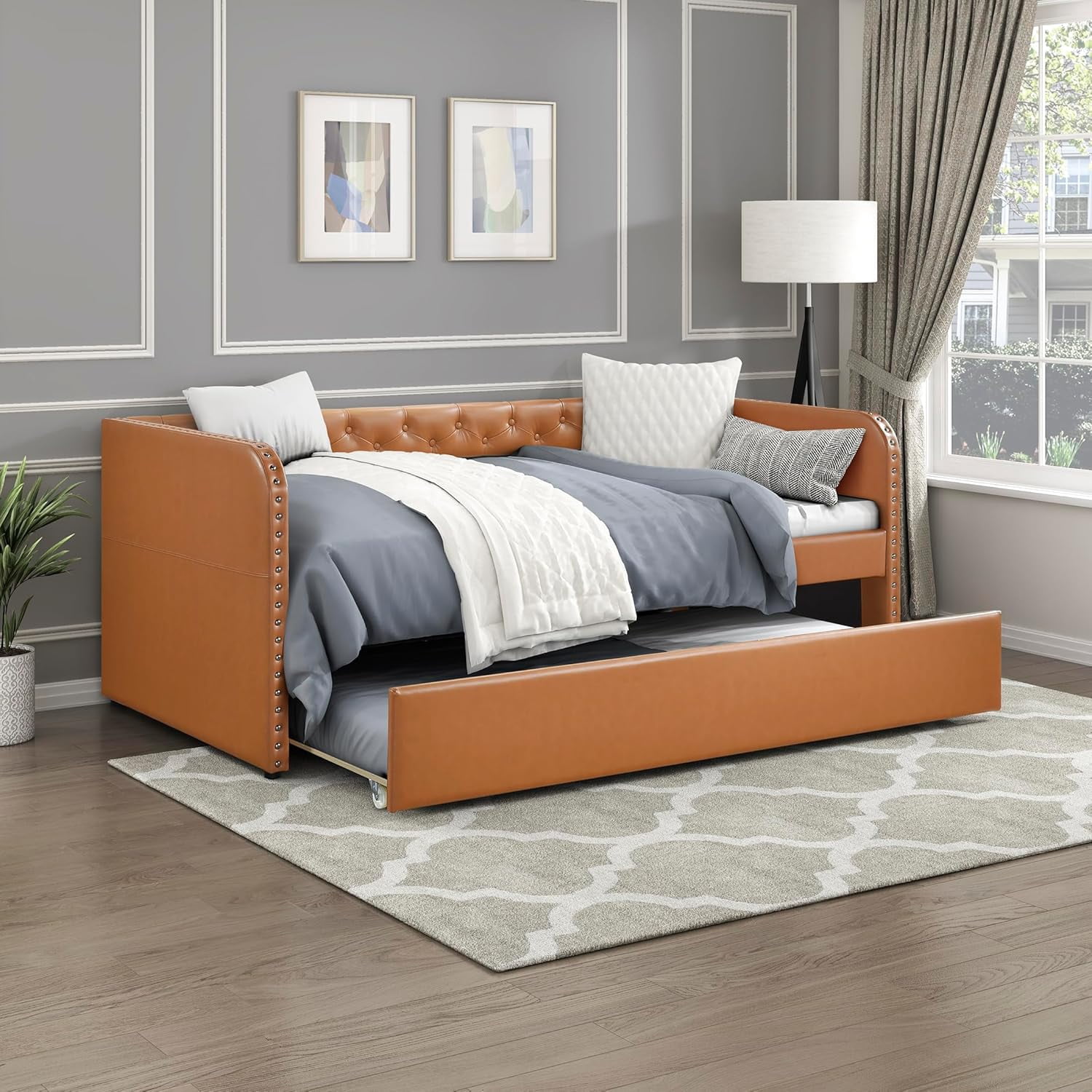 HUANGMAOYU Faux Leather Daybed with Trundle, Solid Wood Frame, Nailhead ...