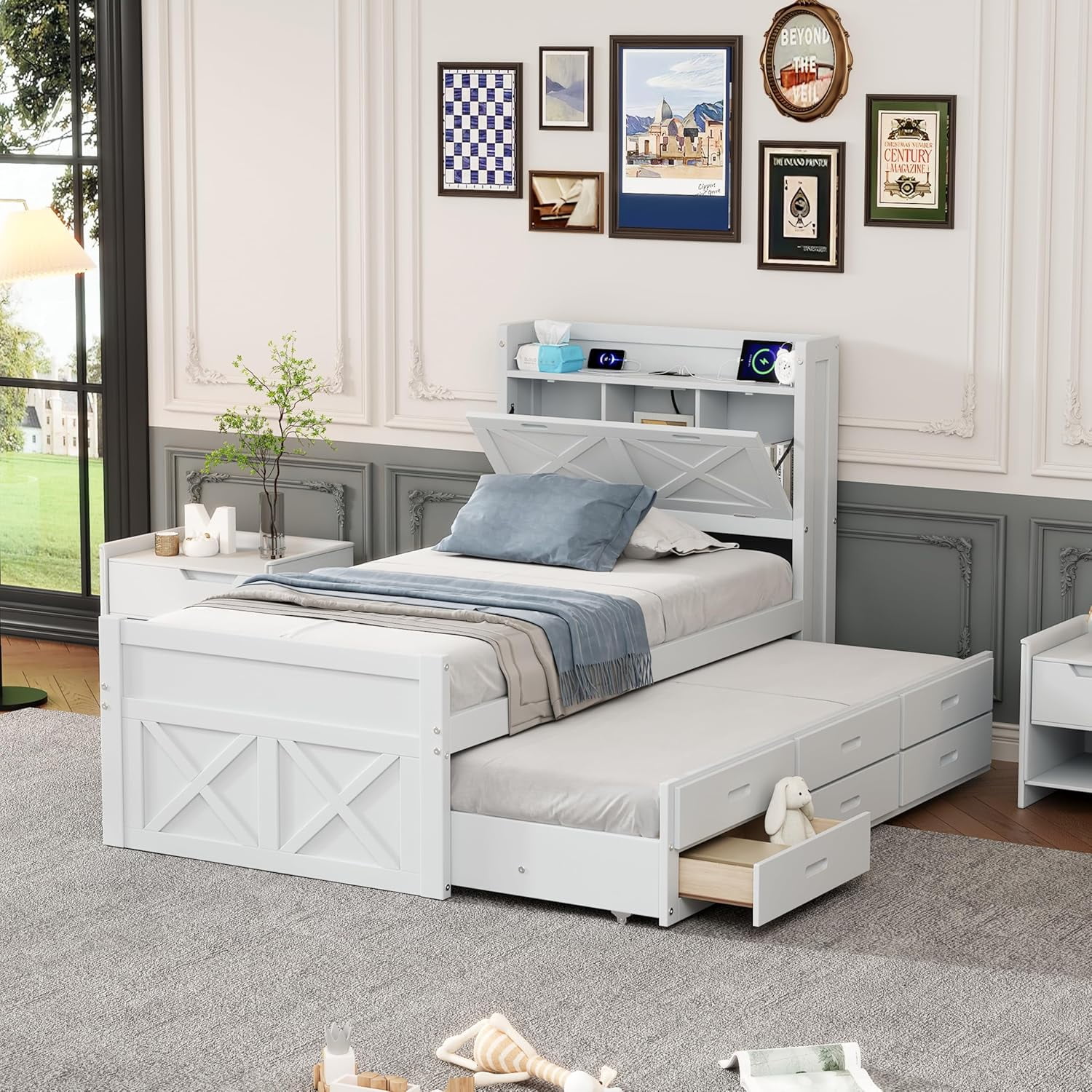 HUANGMAOYU Twin Size Wooden Platform Bed,Daybed with Built-in Outlets ...