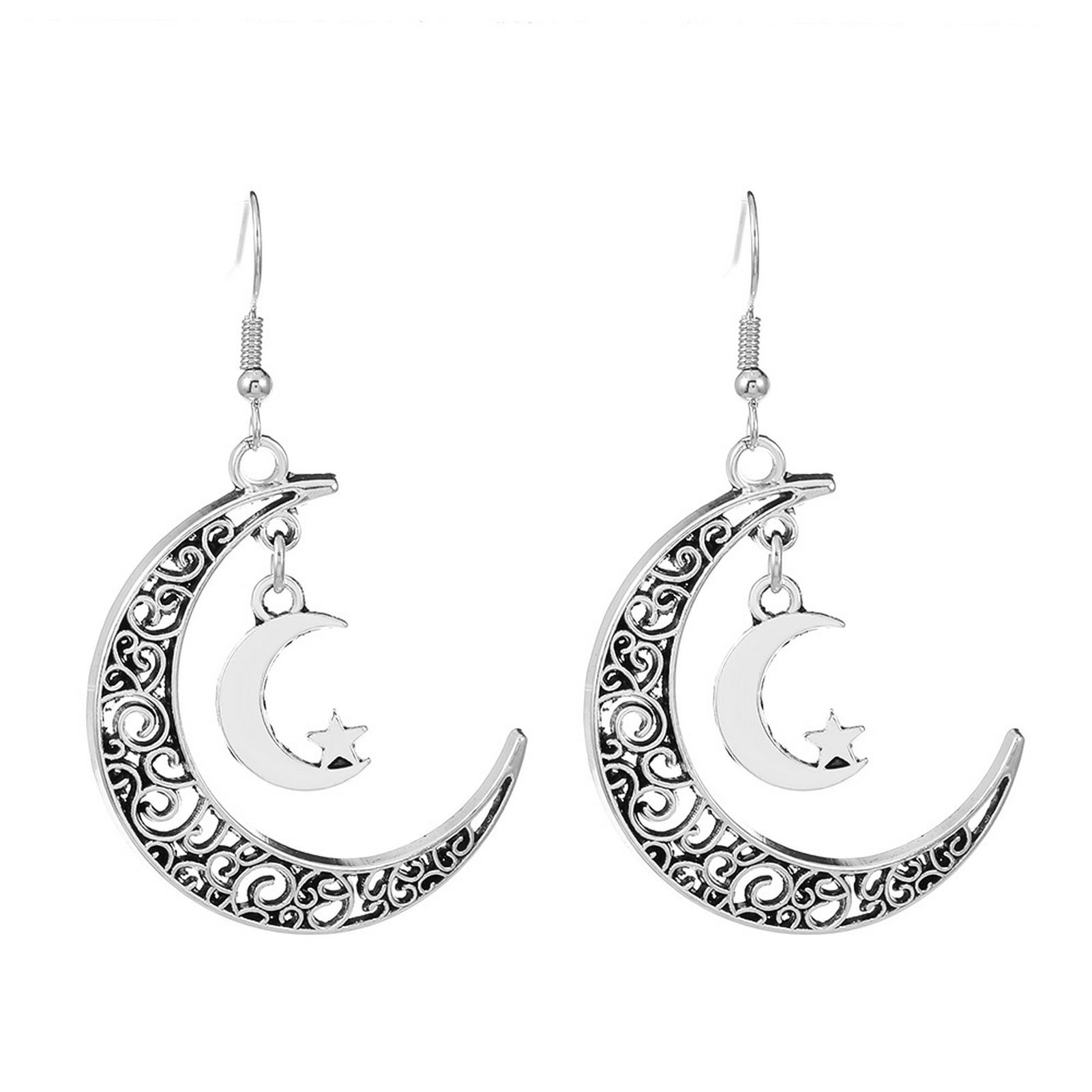 HUANLEDASH 1 Pair Retro Star Moon Hook Earrings Female Double Moon ...
