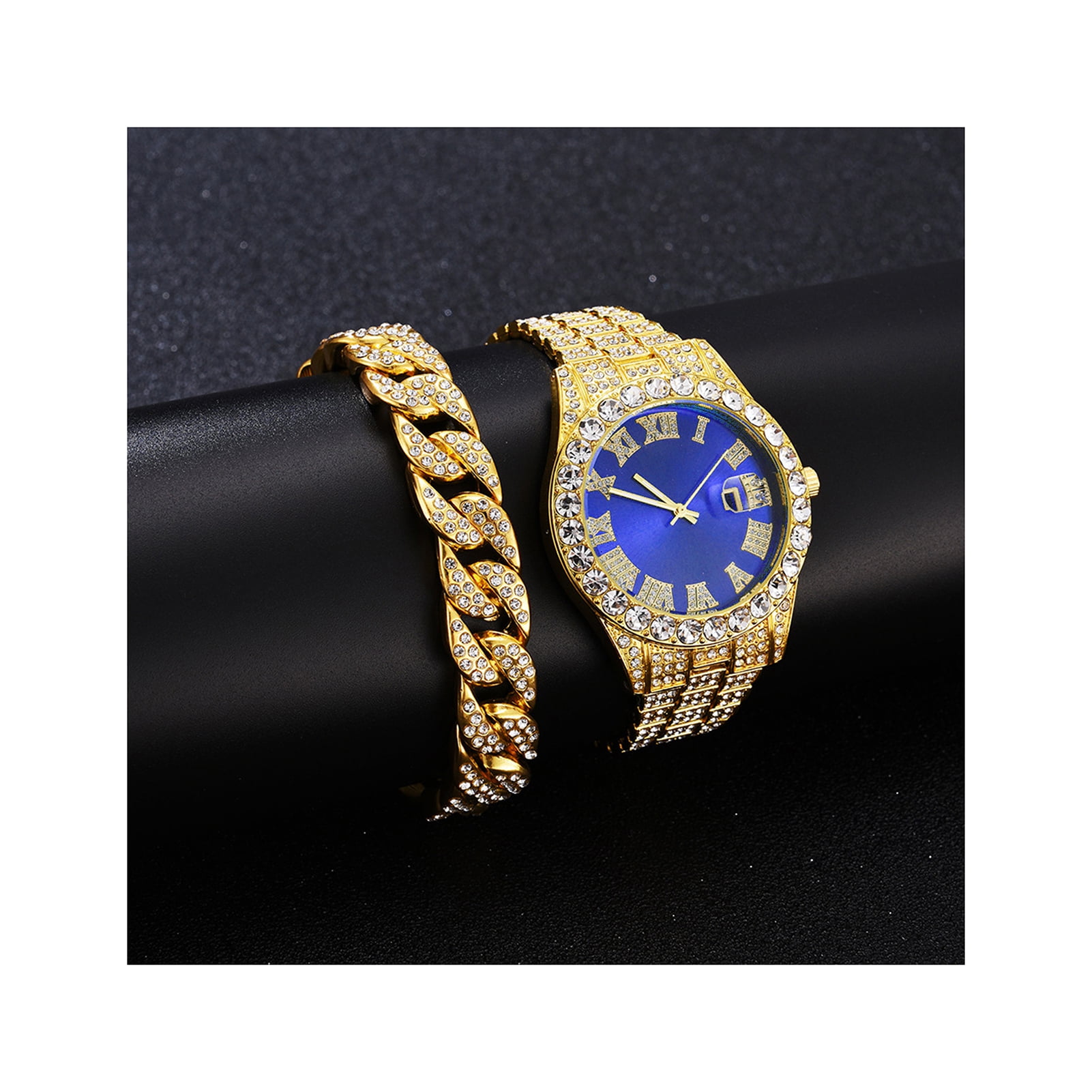 HUANLEDASH 1 Set Men Watch Bracelet Kit Luxury Rhinestone Metal Strap ...