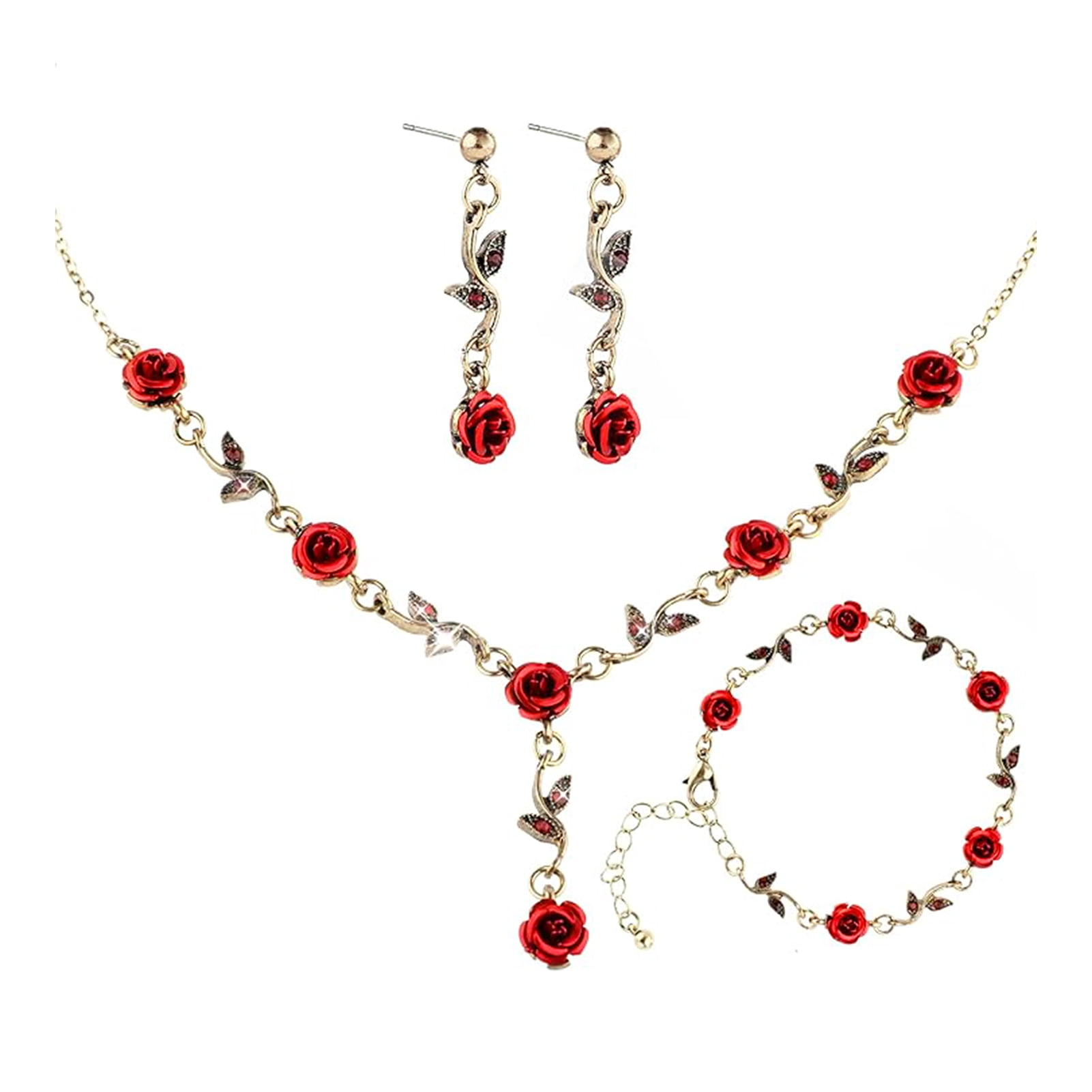 HUANLEDASH 3 Pcs/Set Red Rose Jewelry Set Floral Theme Romance Vintage ...