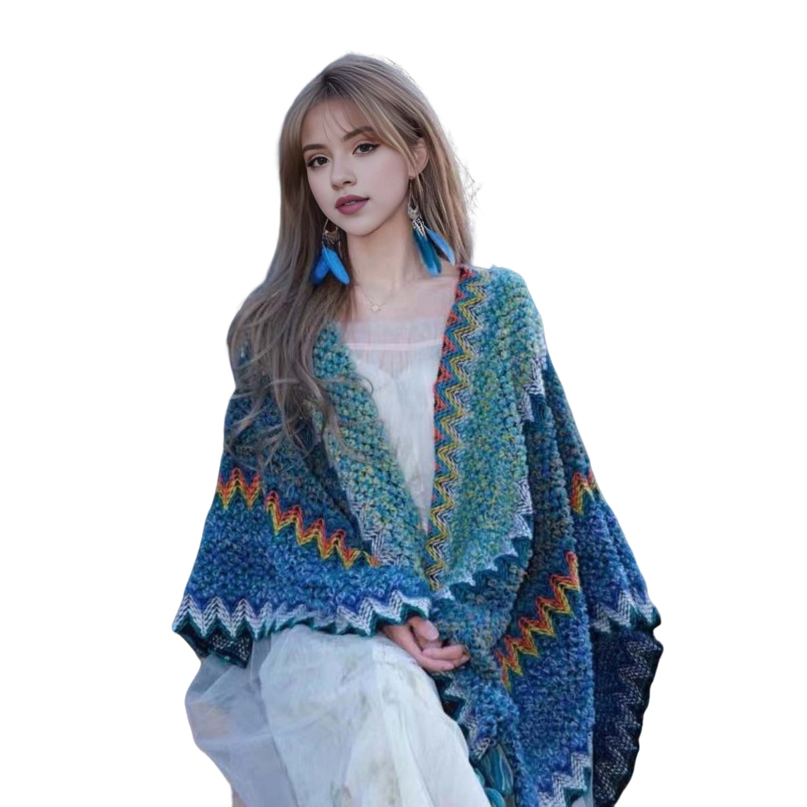HUANLEDASH Women Knitting Shawl Ethnic Style Patchwork Color Cloak with ...
