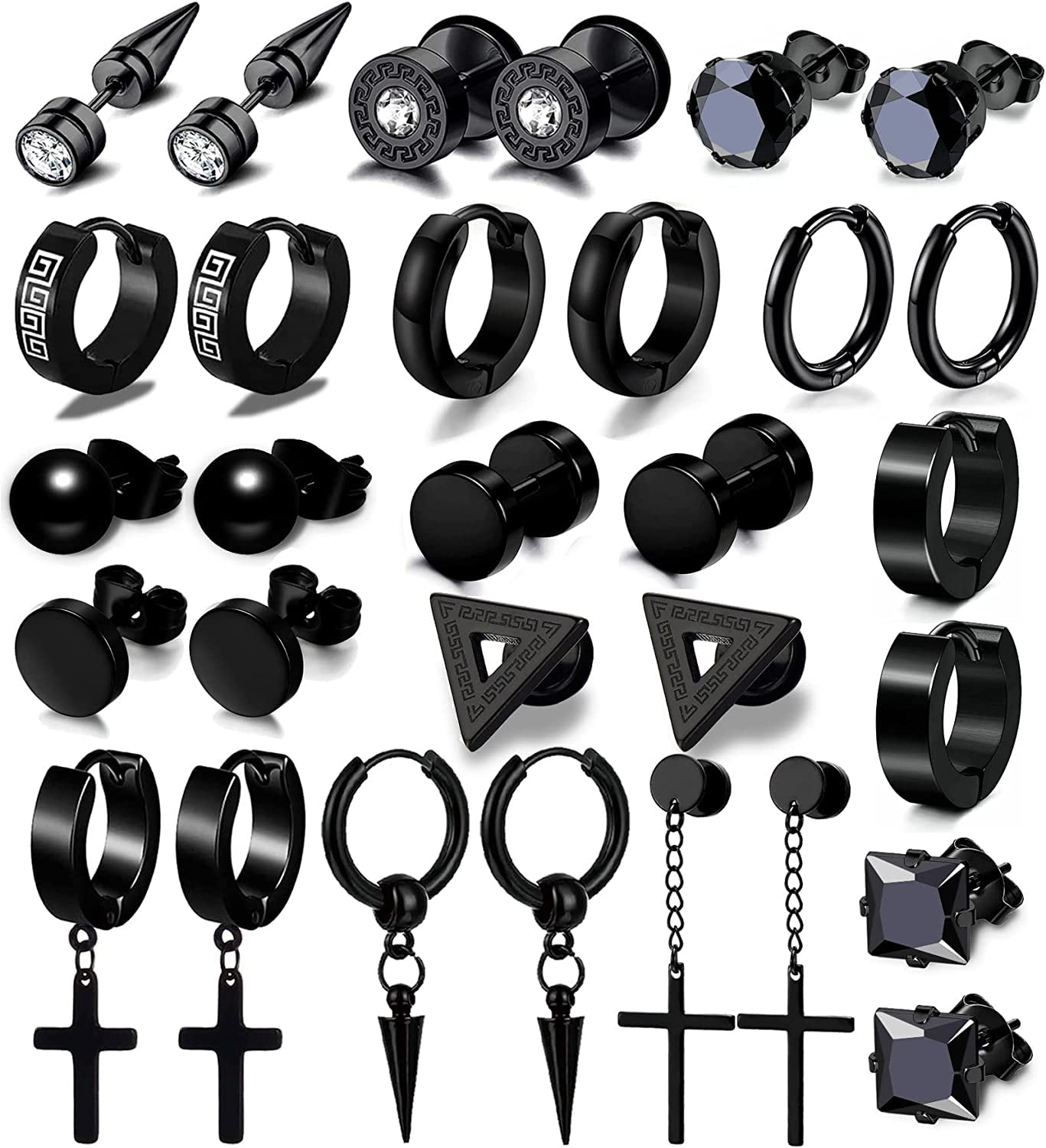 HUART Men's Black Stainless Steel Hoop Earrings, Stud Earrings, 15 Pack ...
