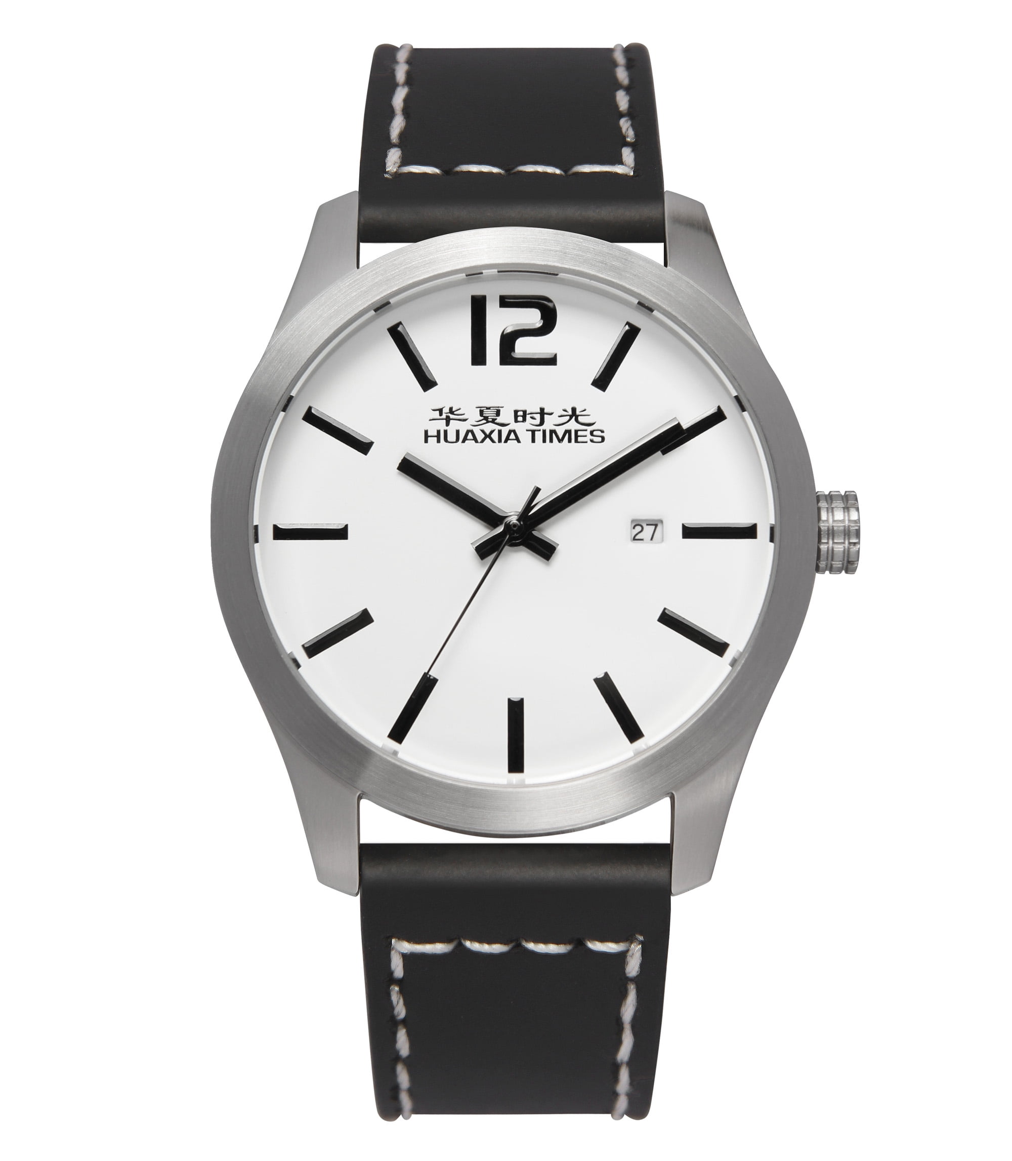 HUAXIA TIMES Mens Stainless Steel Watch Black Leather Strap White Dial ...