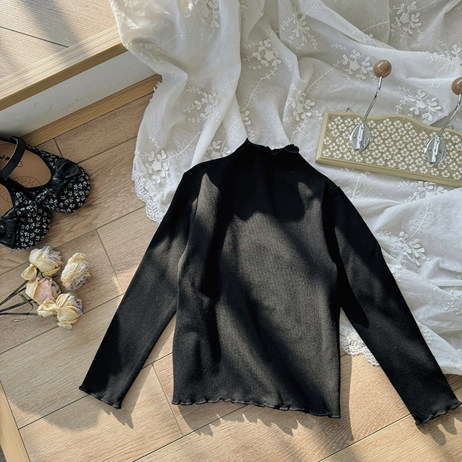 HUAXUN-Girls Ruffled Stretch LongSleeve Top - Solid Color Blouse Cute ...