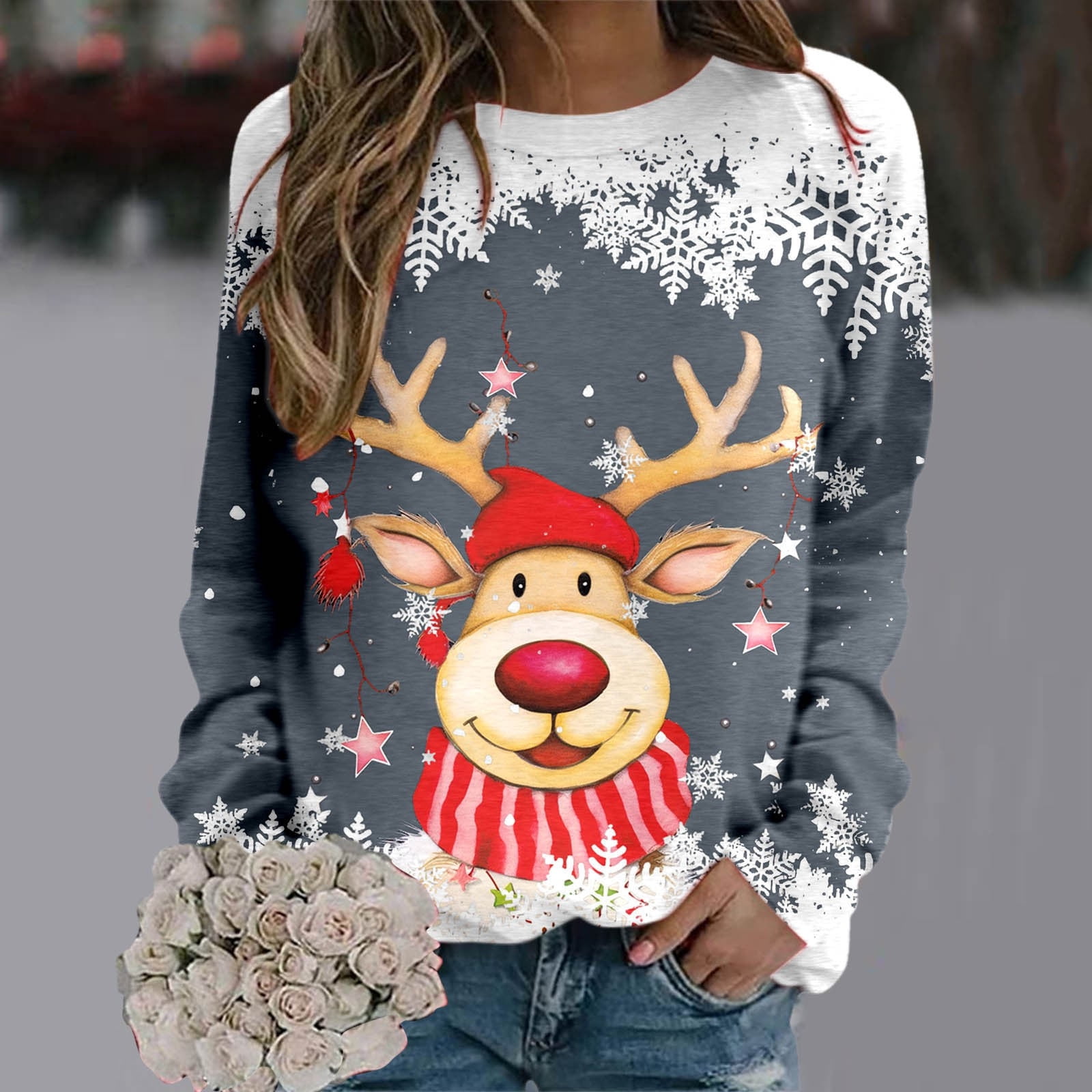 HUAXUN-Women's Christmas Reindeer Snowflake Print Sweater - Fashion ...