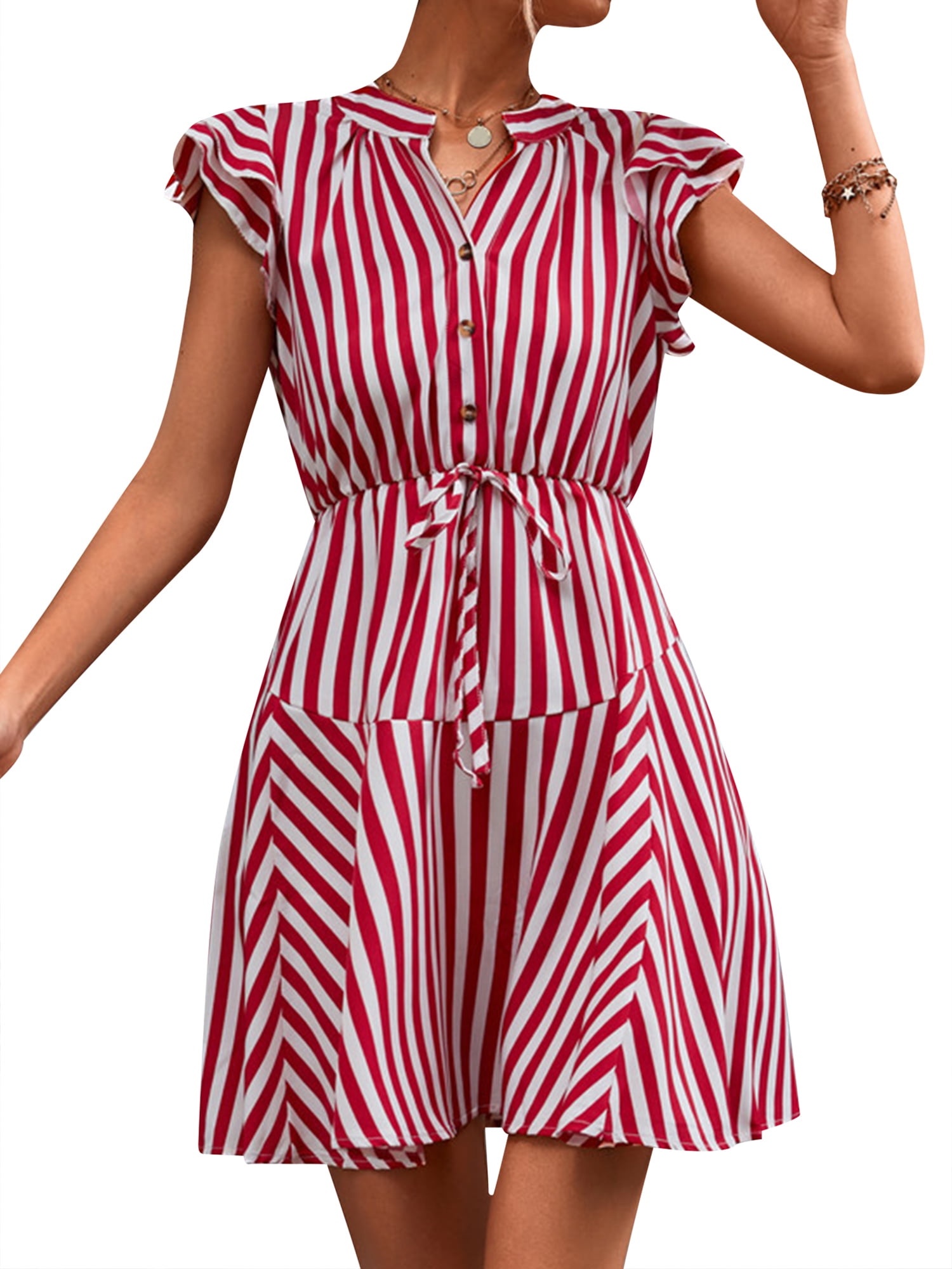 HUBERY Women Band Collar Stripe Spliced Button Tie Waist Short Sleeve ...