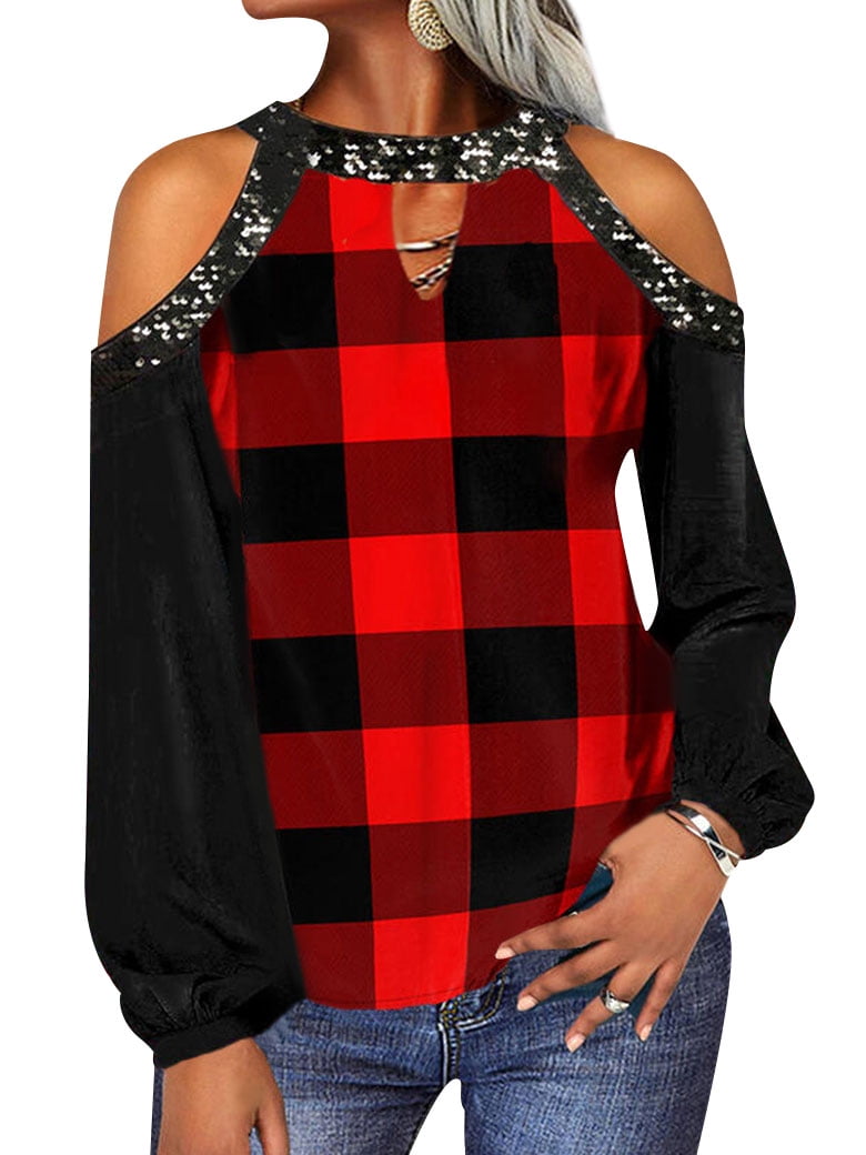HUBERY Women Crew Neck Long Sleeve Cold Shoulder Plaid Sequins Splice ...