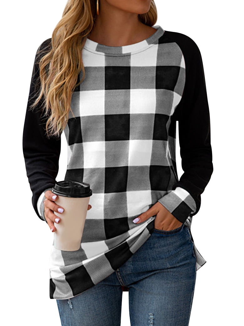 HUBERY Women Crew Neck Long Sleeve Plaid Print Side Split Top - Walmart.com