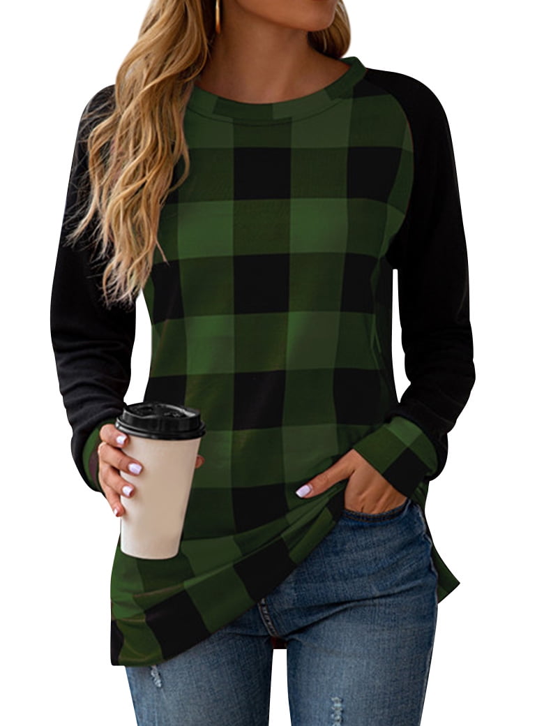 HUBERY Women Crew Neck Long Sleeve Plaid Print Side Split Top - Walmart.com