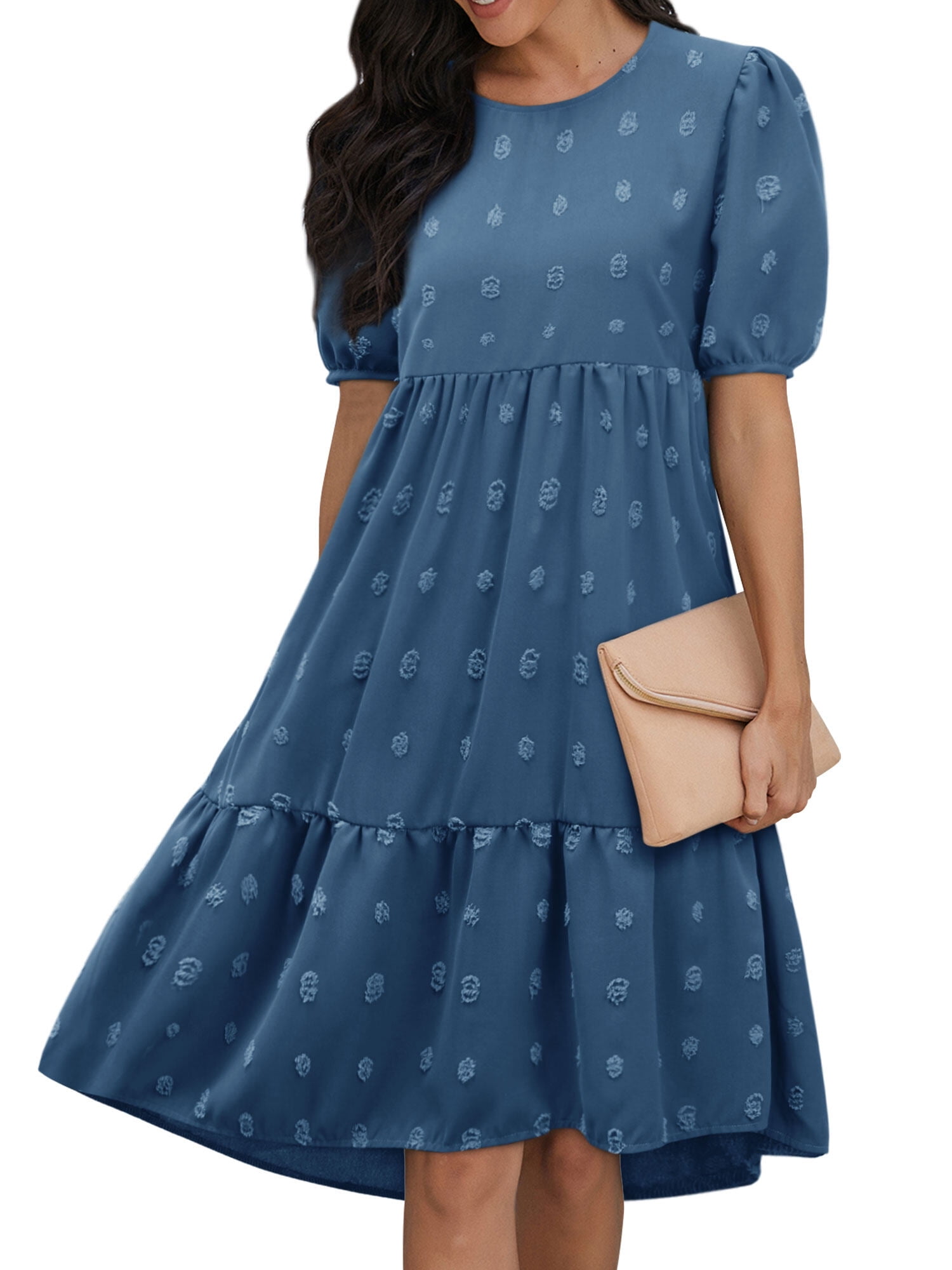 HUBERY Women's Dressy Clothes: Crew Neck, Short Puff Sleeve, Ruffled ...