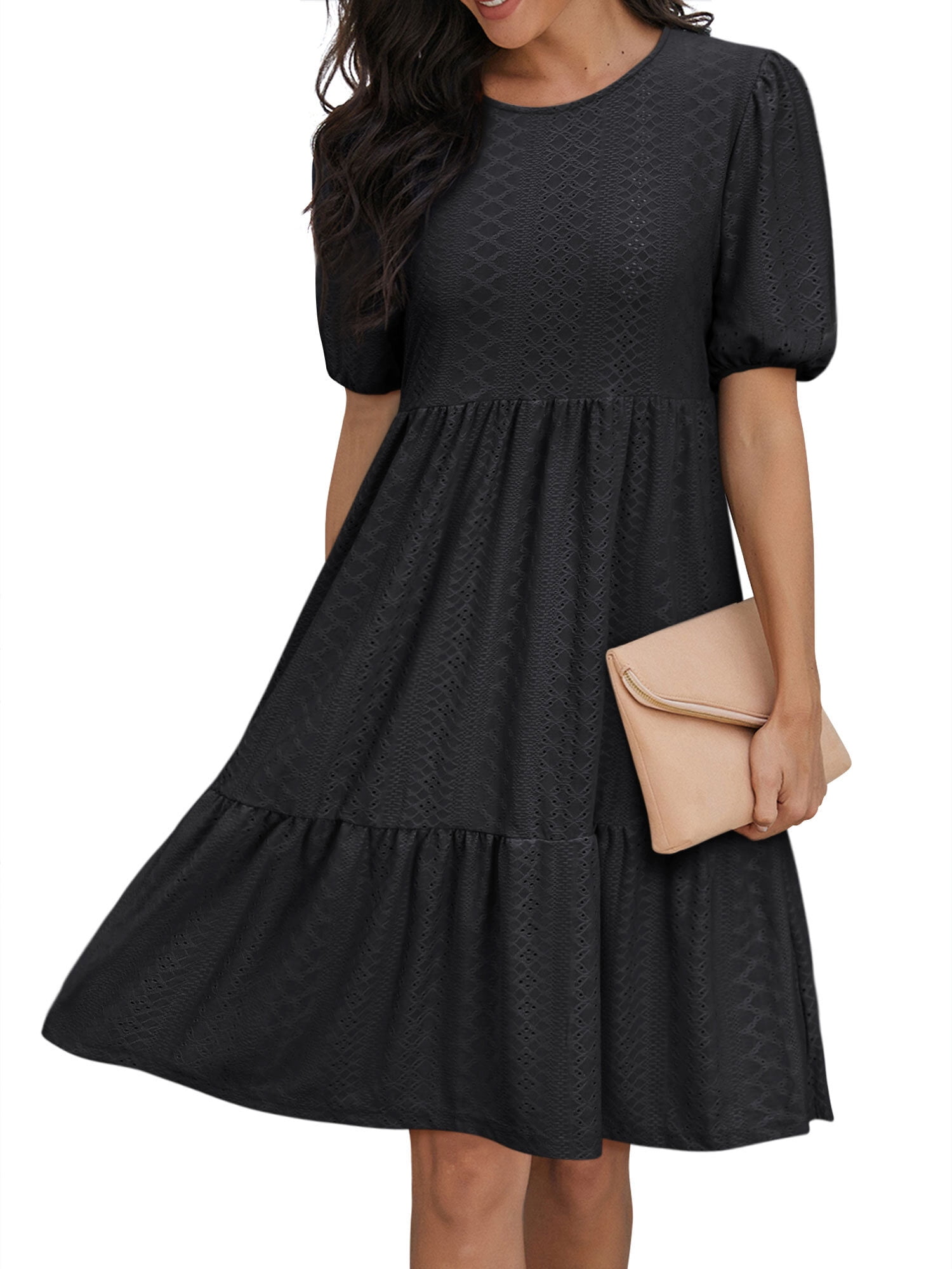 HUBERY Women Crew Neck Short Puff Sleeve Ruffled Keyhole Back Midi ...