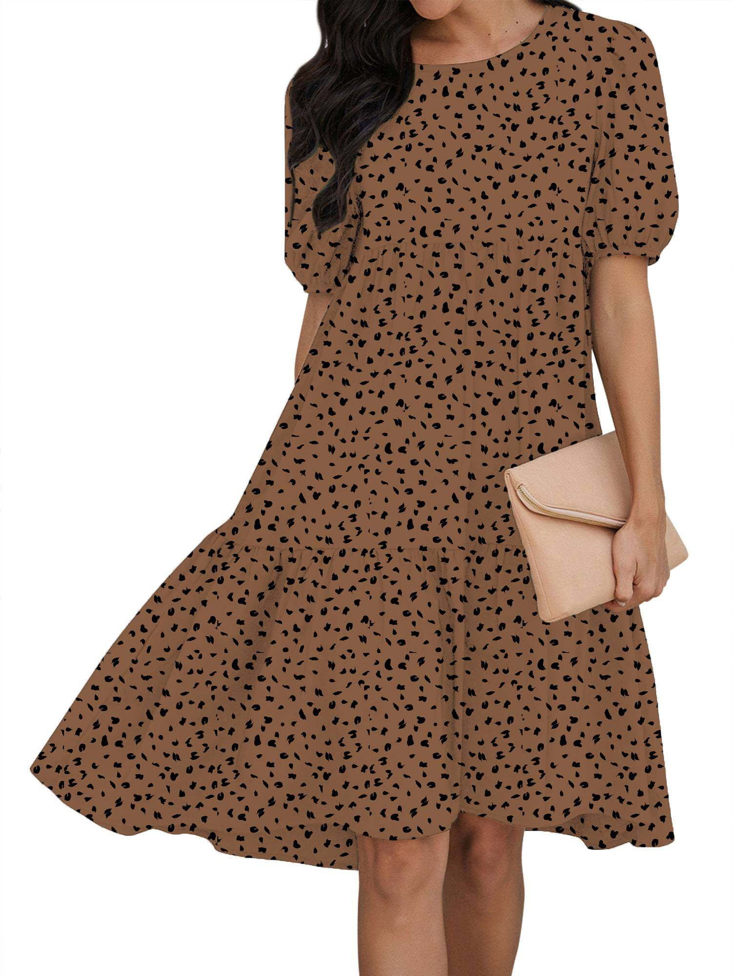 HUBERY Women Crew Neck Short Puff Sleeve Ruffled Keyhole Back Midi ...