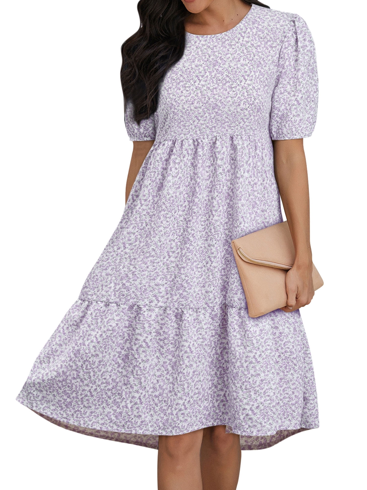 HUBERY Women Crew Neck Short Puff Sleeve Ruffled Keyhole Back Midi ...