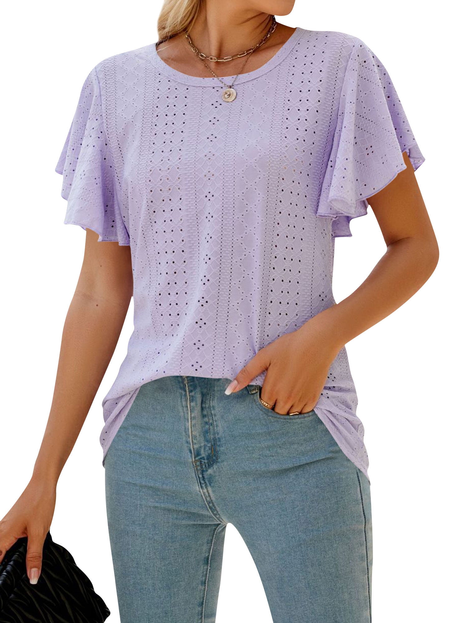 HUBERY Women Crewneck Ruffle Short Sleeve Cutout Solid Color Top - Walmart.com