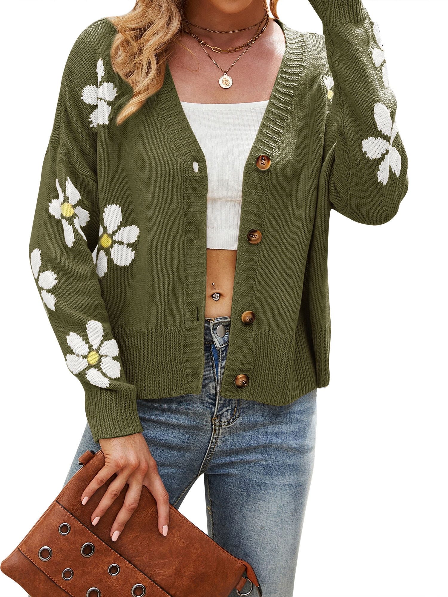 HUBERY Women's Lightweight Summer Sweater, Daisy Print Single-Breasted ...
