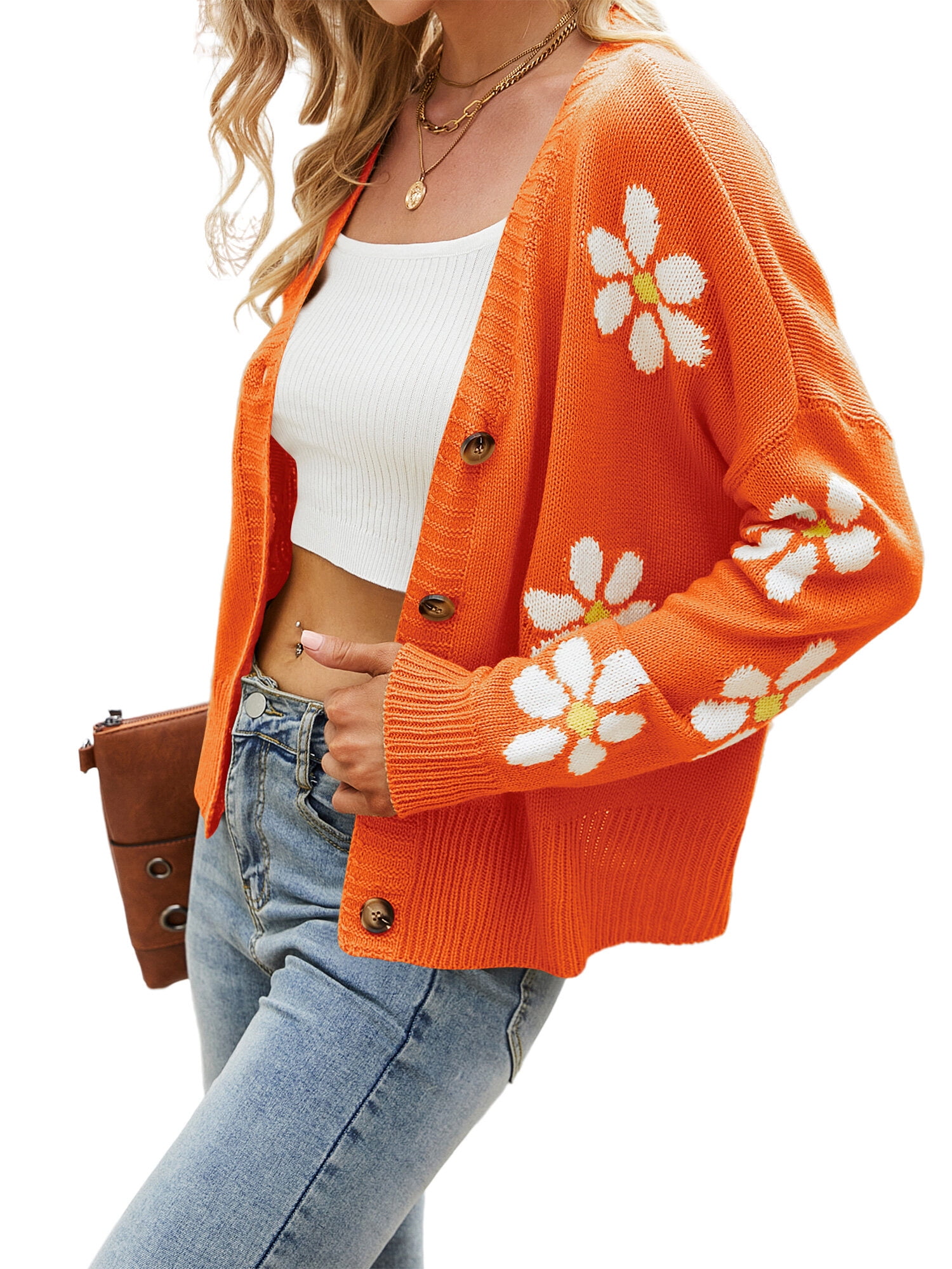 HUBERY Women Daisy Print Single Breasted Long Sleeve Knitwear Cardigan hubery-women-daisy-print-single-breasted-long-sleeve-knitwear-cardigan