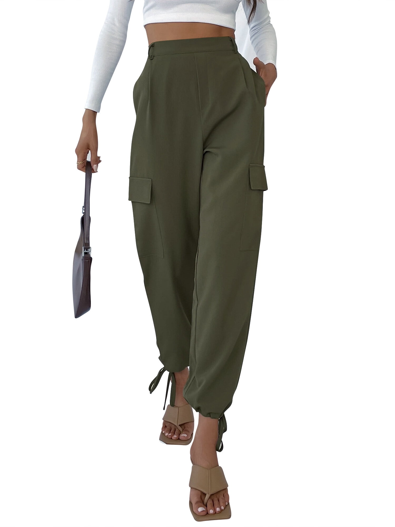 HUBERY Women's Loose Fitting Office Wear, Elastic Mid Waist Lace Up ...