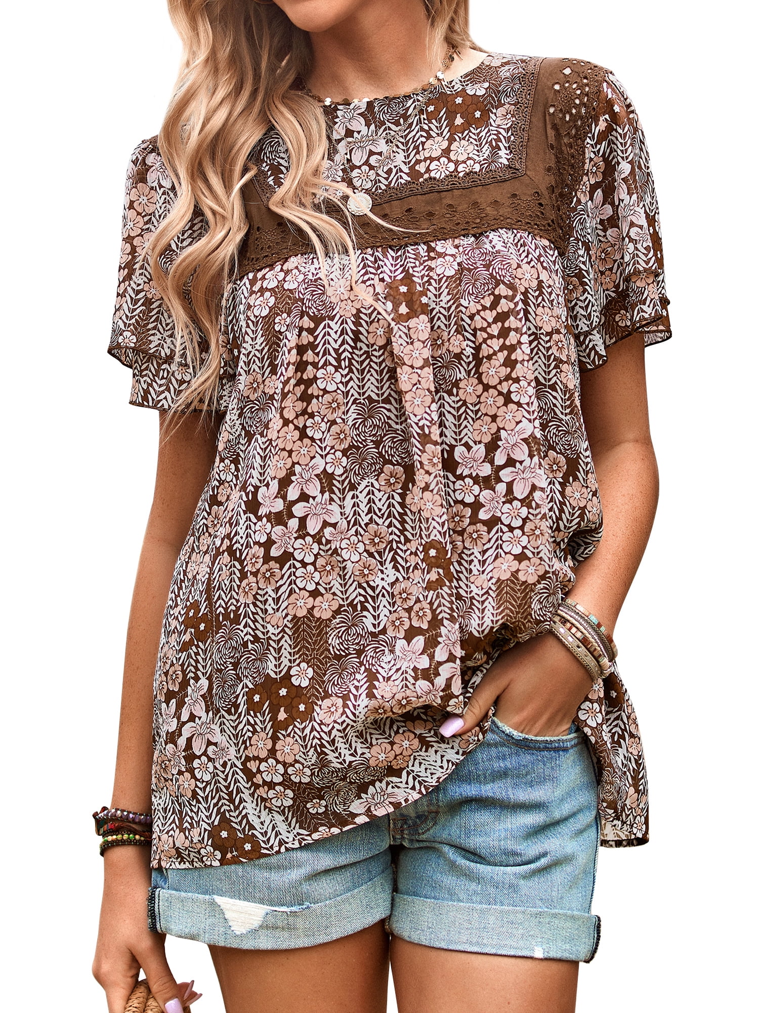 HUBERY Women Floral Print Lace Spliced Crew Neck Tiered Short Sleeve ...