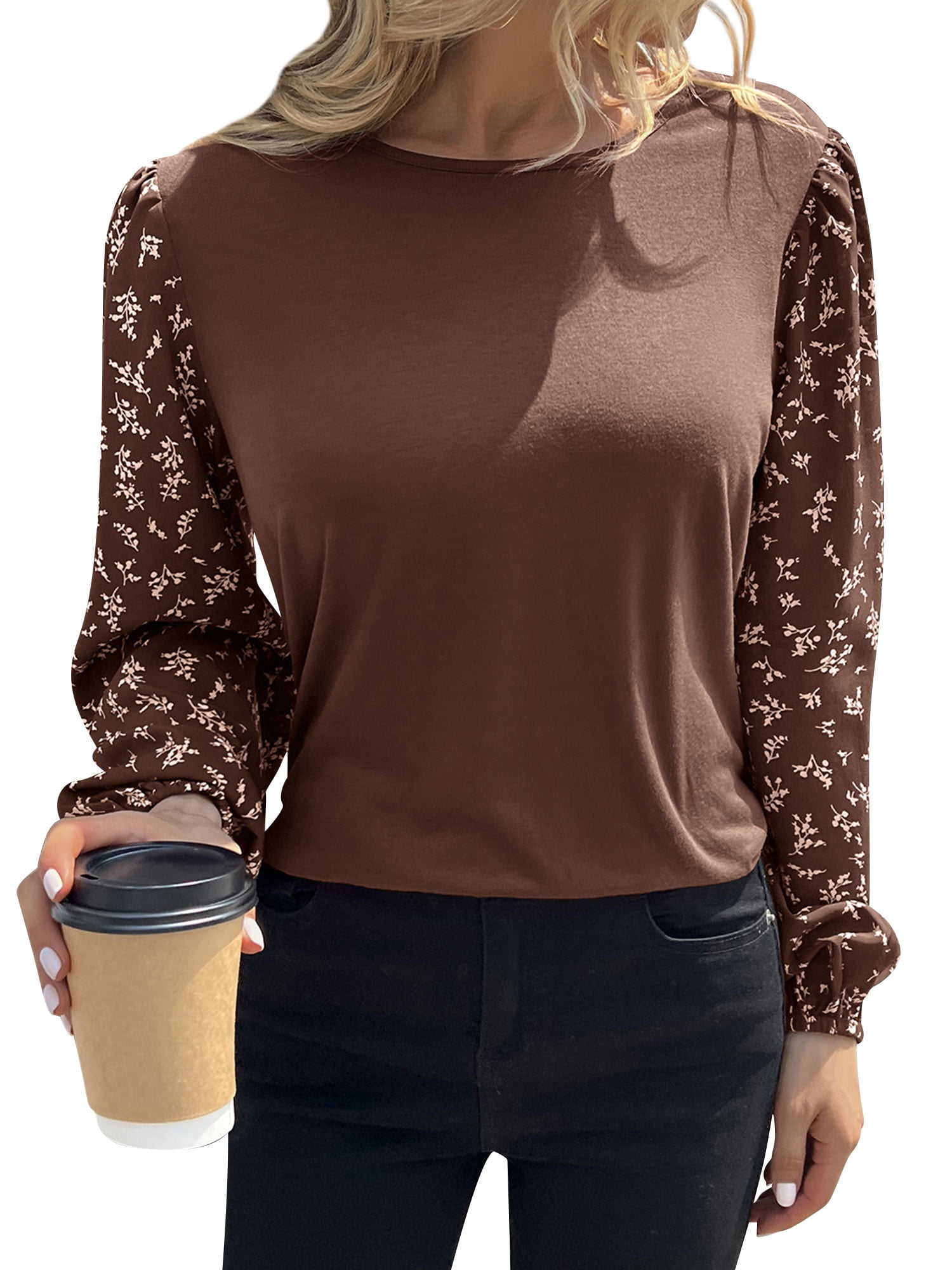 HUBERY Women's Floral Printed Long Sleeve Crew Neck Pullover Top in ...