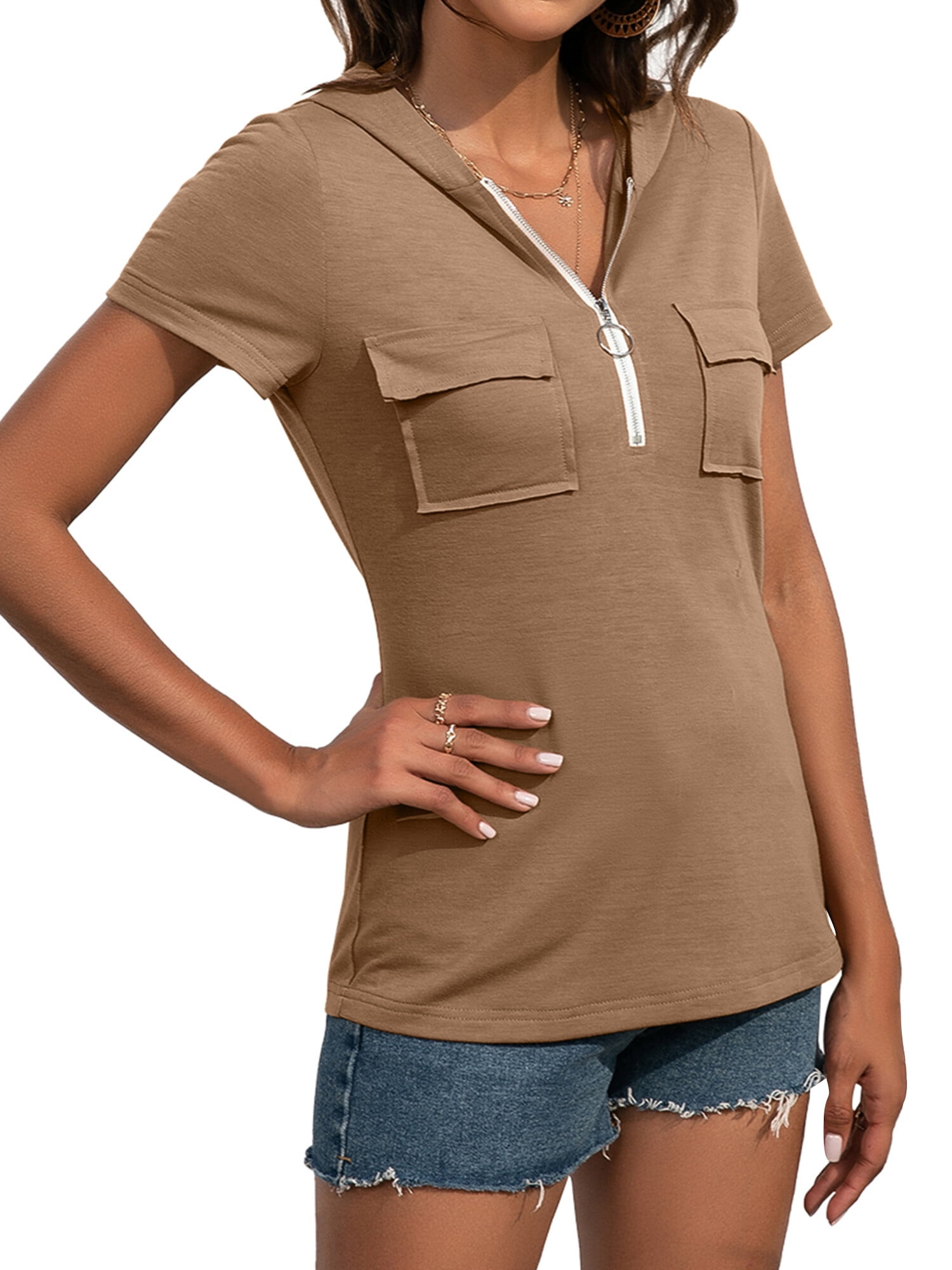 HUBERY Women Half Zipper Hooded Two Chest Pockets Short Sleeve Solid ...