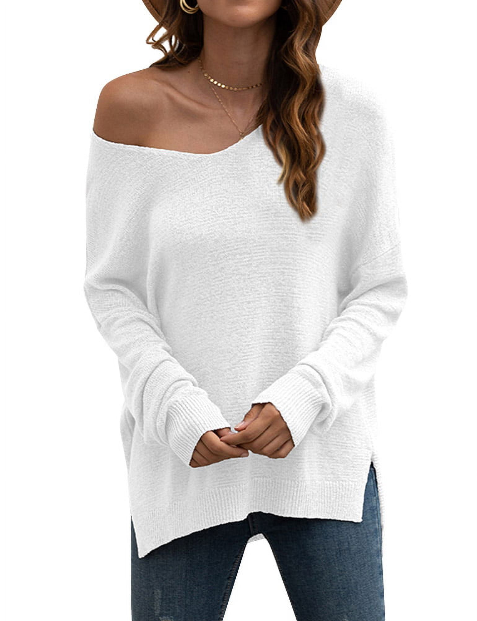 HUBERY Women Knitted Cold Shoulder V Neck Long Sleeve Side Split ...