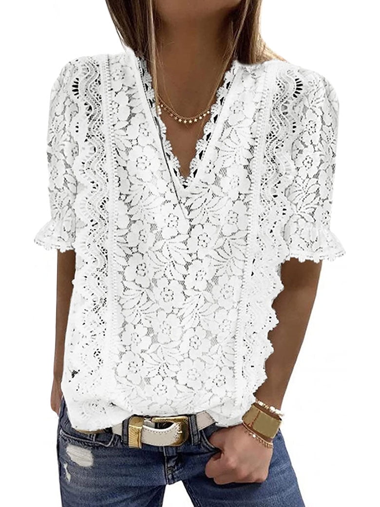 Hubery Women Lace Crochet Spliced V Neck Keyhole Back Short Sleeve Top